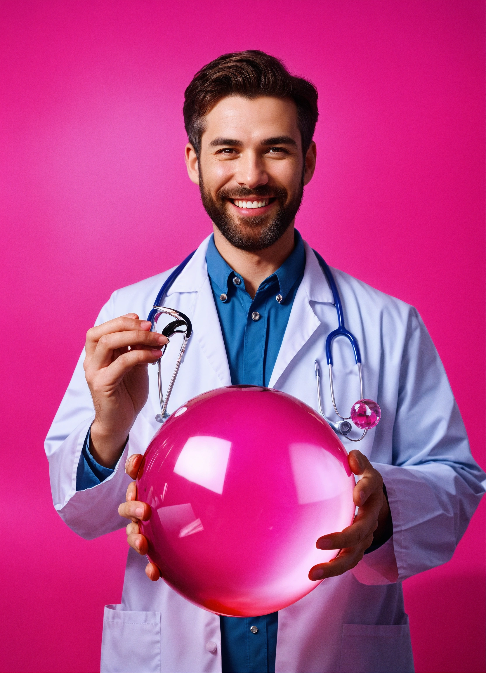 Lexica - A smiling doctor holds a pink crystal ball. Behind him is a ...