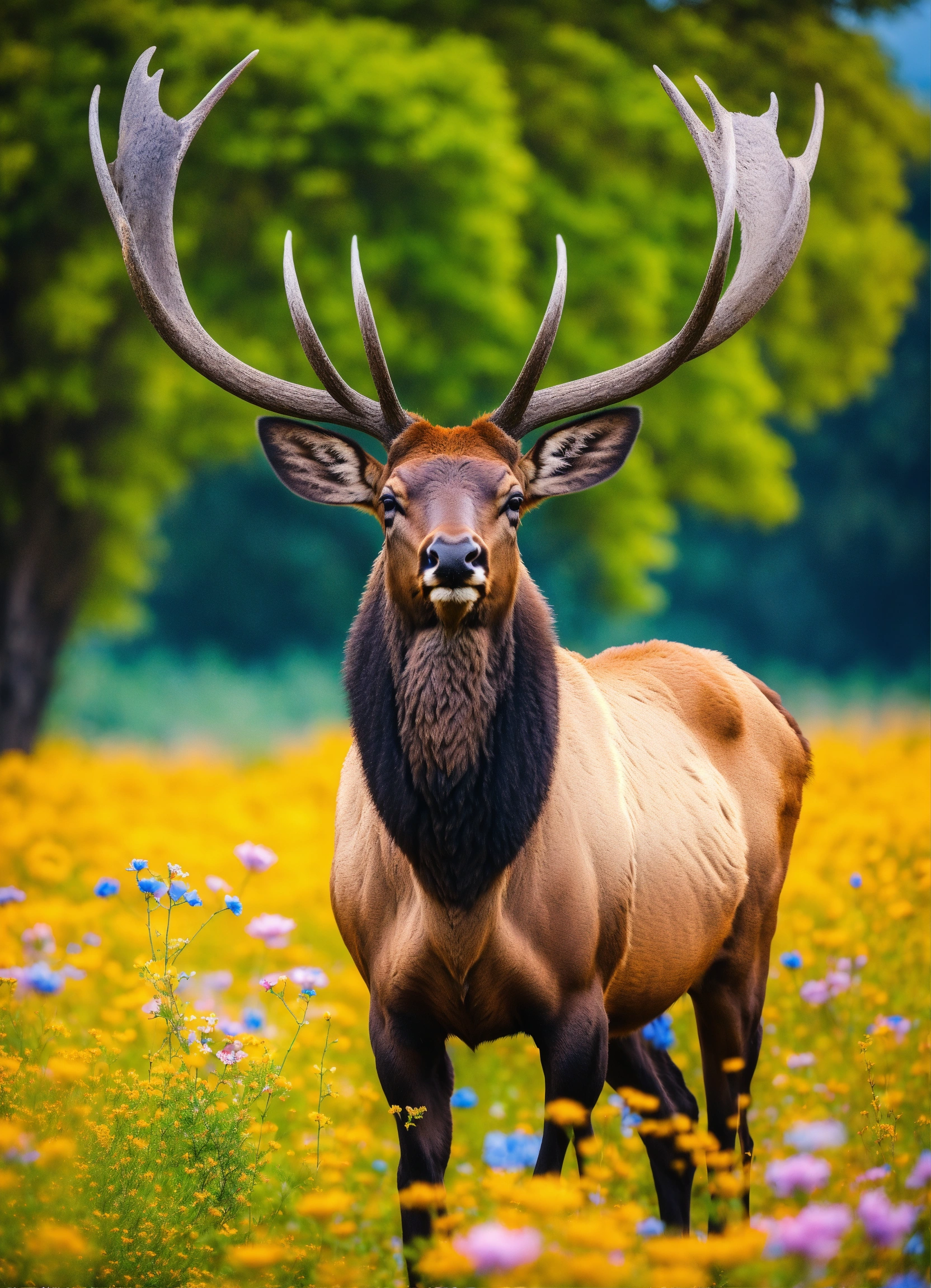 Lexica - A beautiful elk standing in a field of flowers trees in the ...
