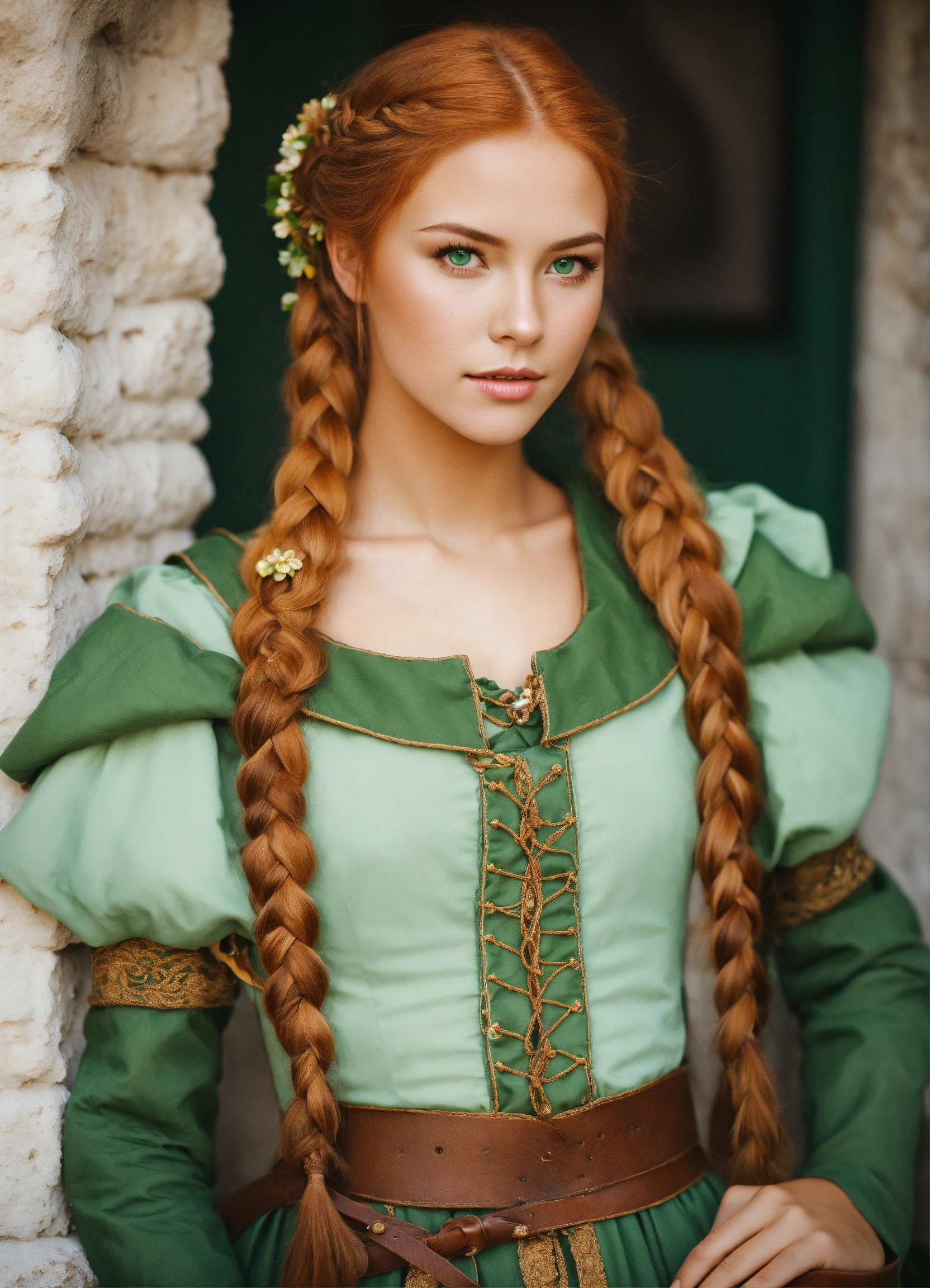 Lexica - Beautiful girl, ginger long braid hair, tanned skin, green ...