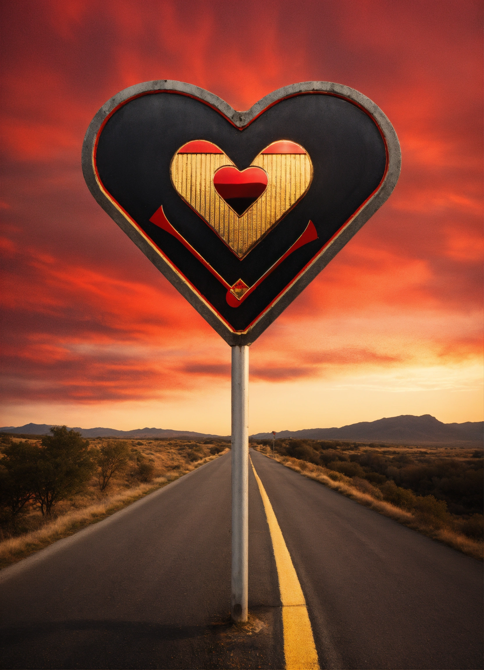 Lexica - Heart-shaped road sign in red, black, gold tones