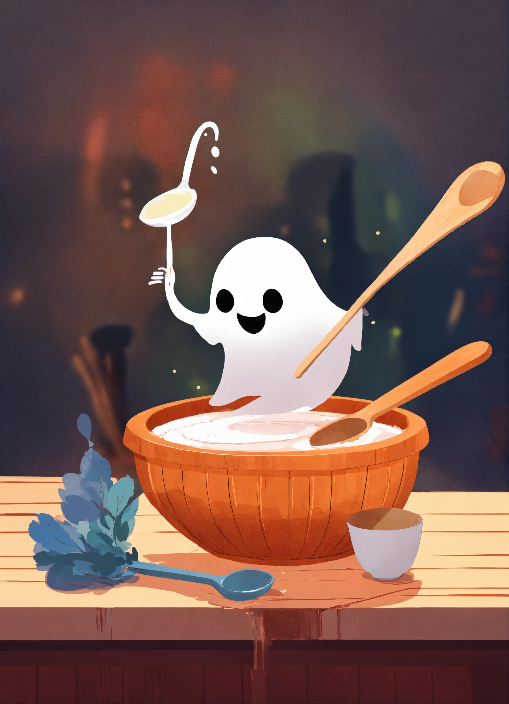 Lexica - A mixing bowl, a wooden spoon, and a cute ghost. Arrangement ...