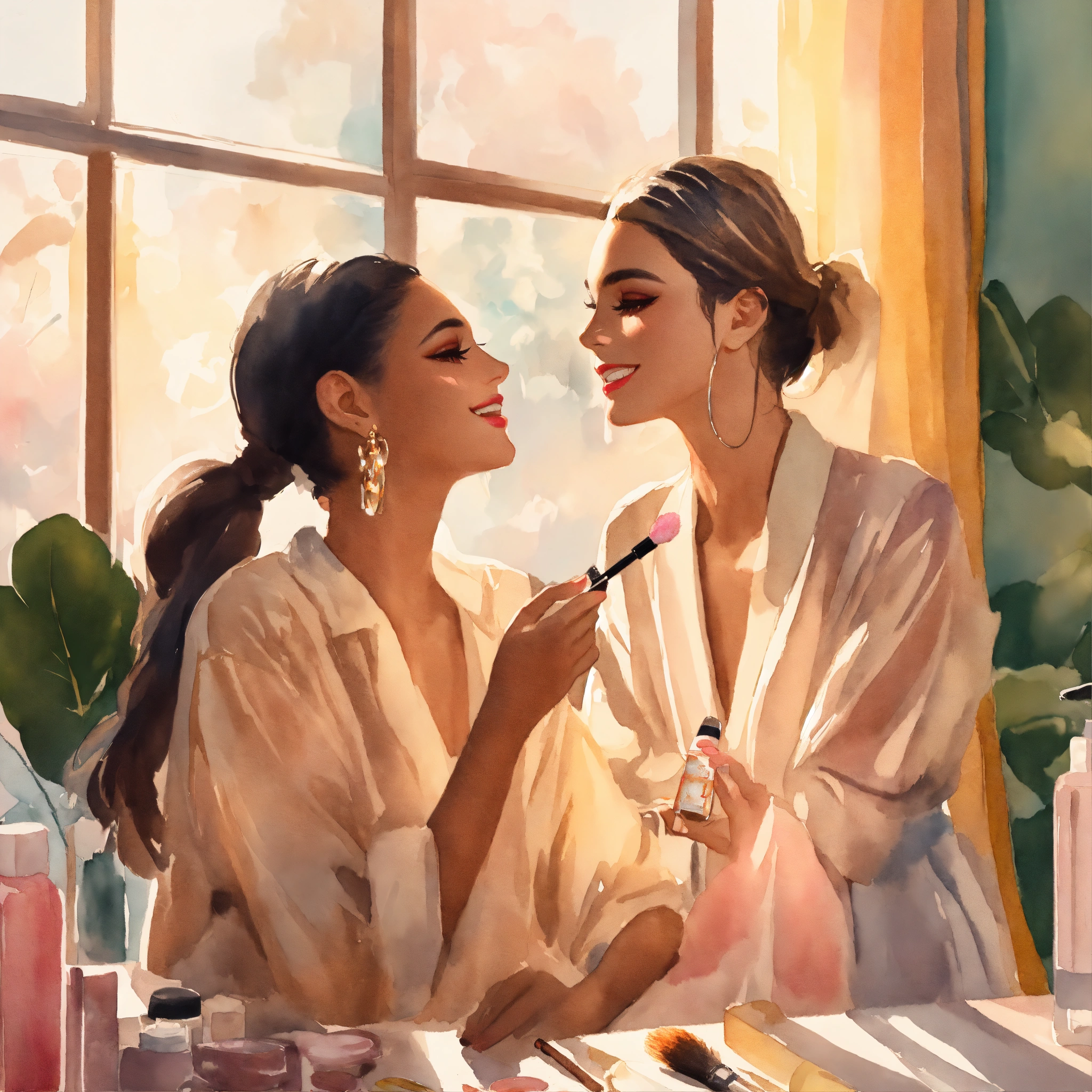 Lexica - Makeup artist and a beautiful client, gossiping in a beauty ...