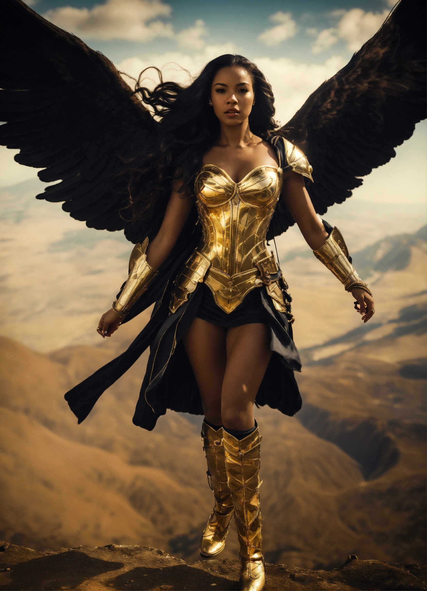 Lexica - Dramatic aerial photograph of a beautiful black angel, a ...