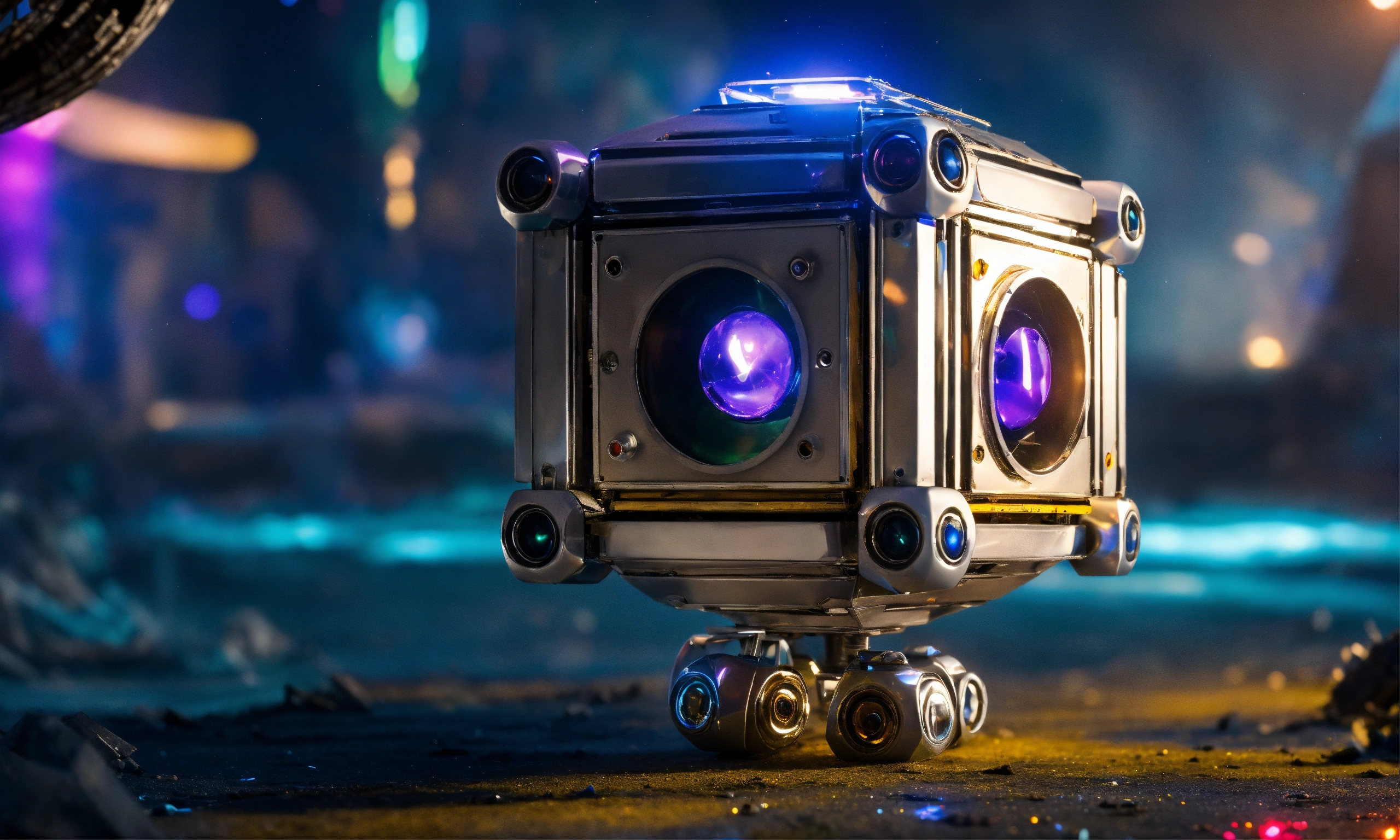 Lexica - Small flying floating polished silver cube bot with 2 round ...