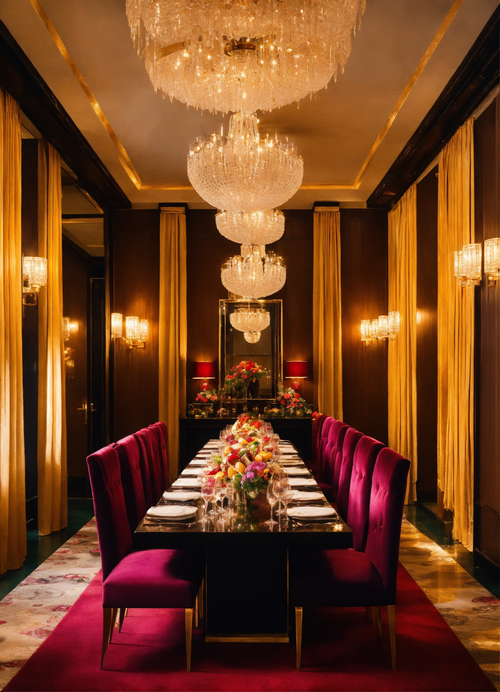 Lexica - Modern upscale hotel, private dining hall, long table, gold ...