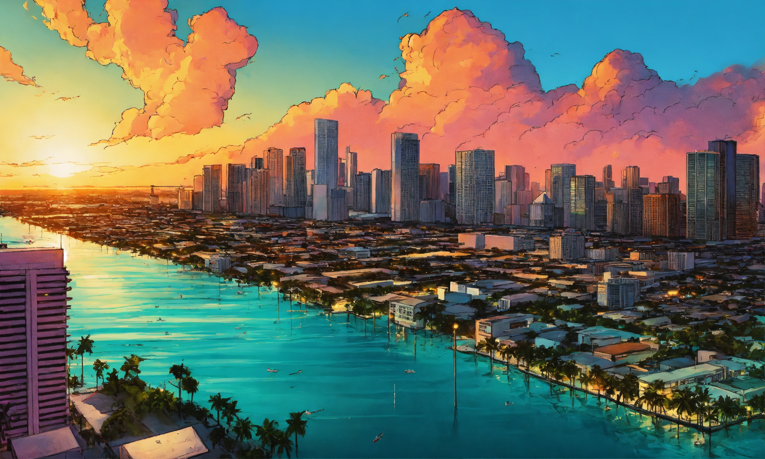Lexica - Comic book Illustration of Aerial view of downtown Miami ...