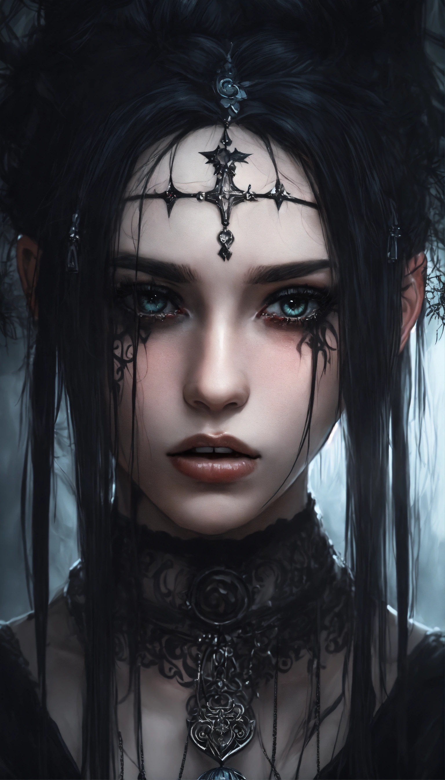 Lexica - A scary girl, close up face, pale skin, long crazy black hair ...