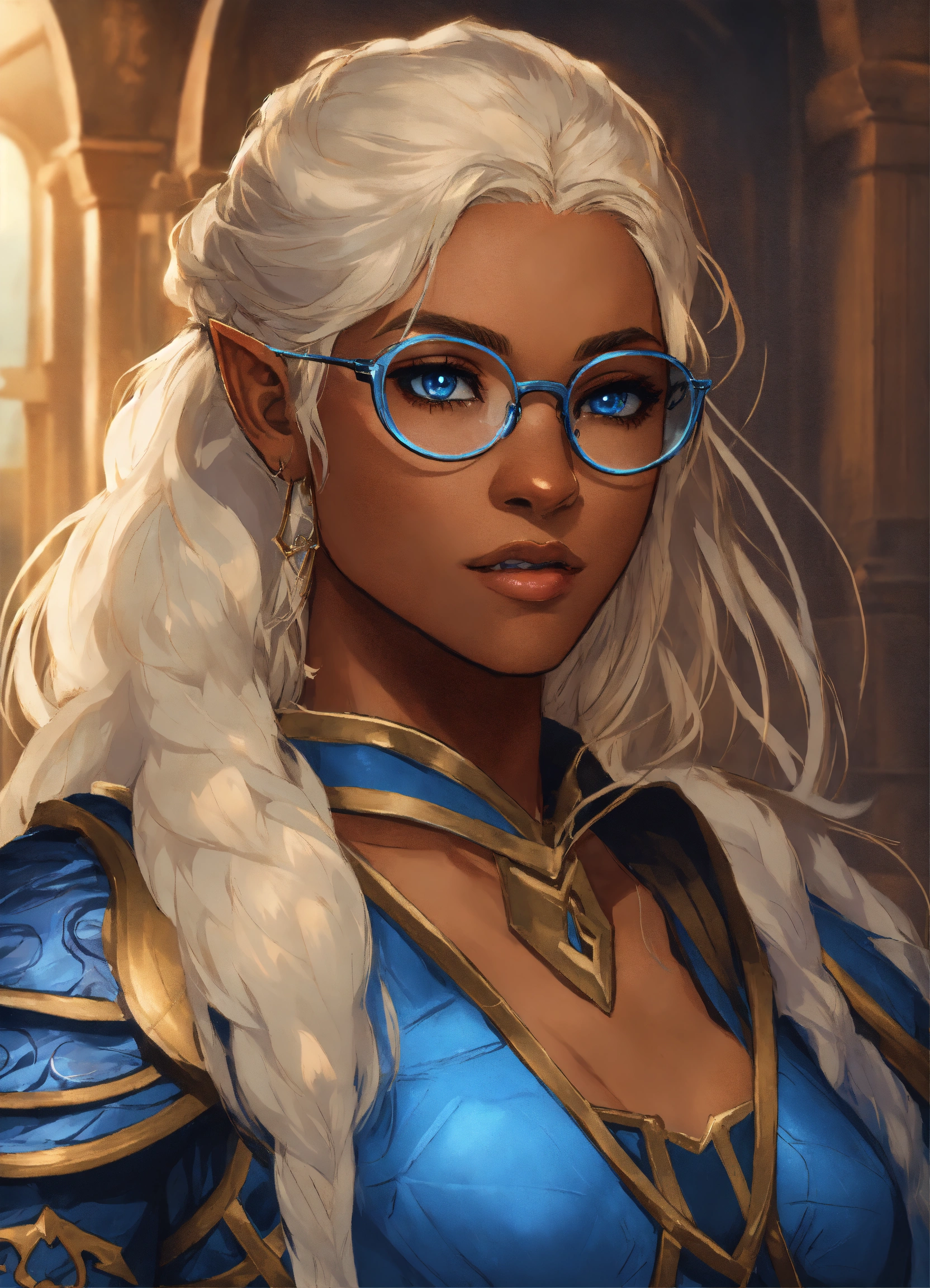Lexica - A very brown skinned half elf woman, wearing glasses with deep ...