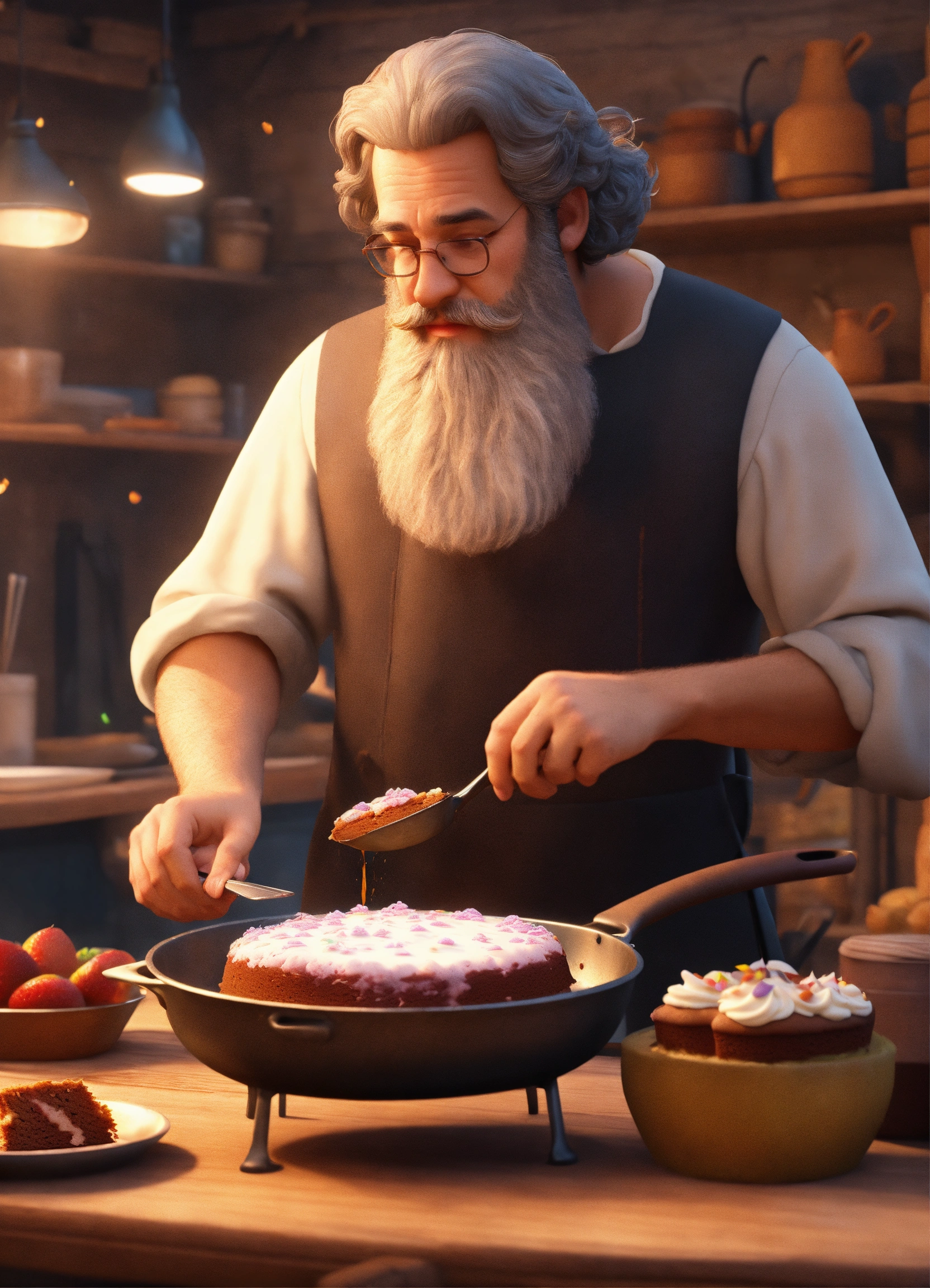 Lexica - A Jew with a medieval beard puts a cake into an empty frying ...