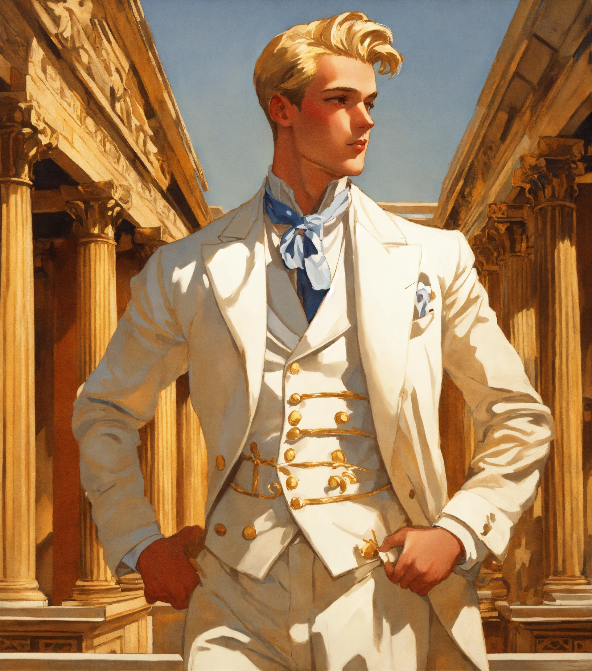 Lexica - A blonde male dandy in white vested suit, putting a hand in ...