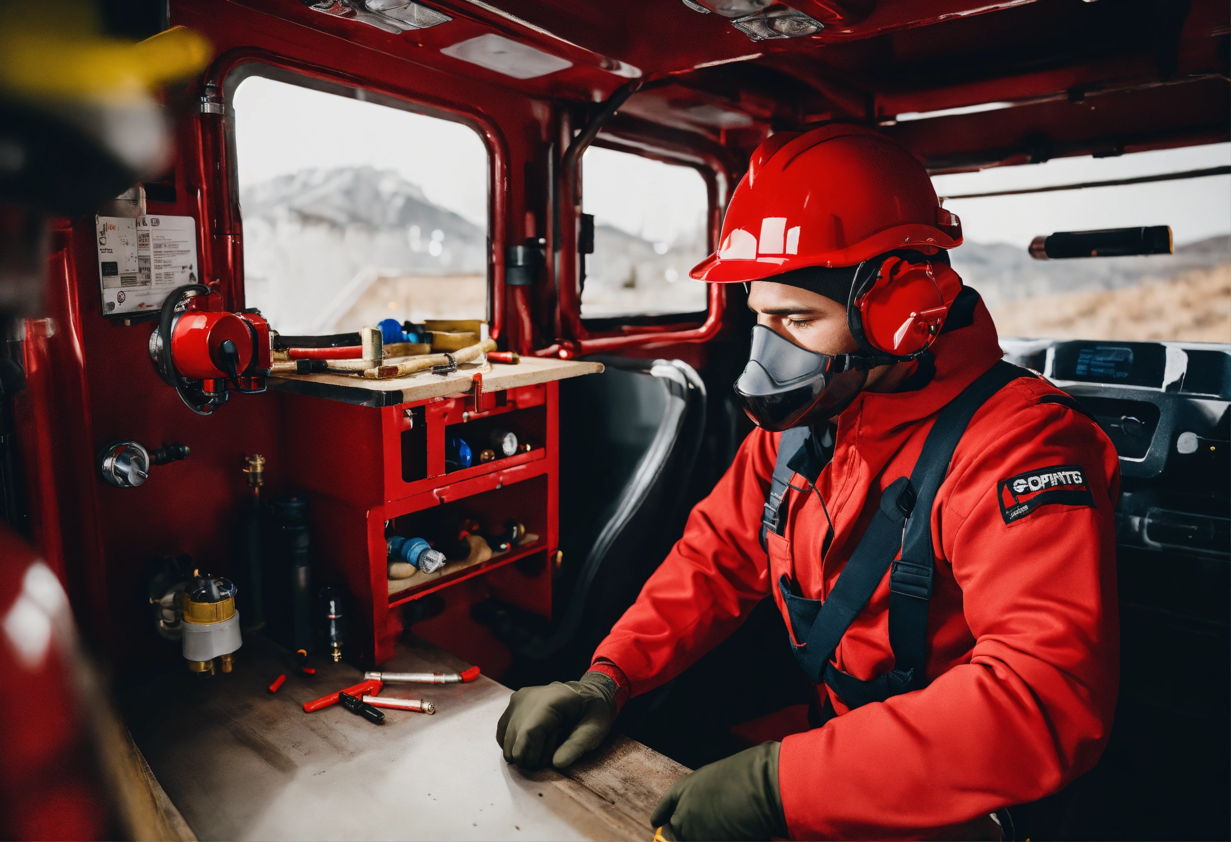 Lexica - A plumber in a red overall outfit and a red hard helm is ...