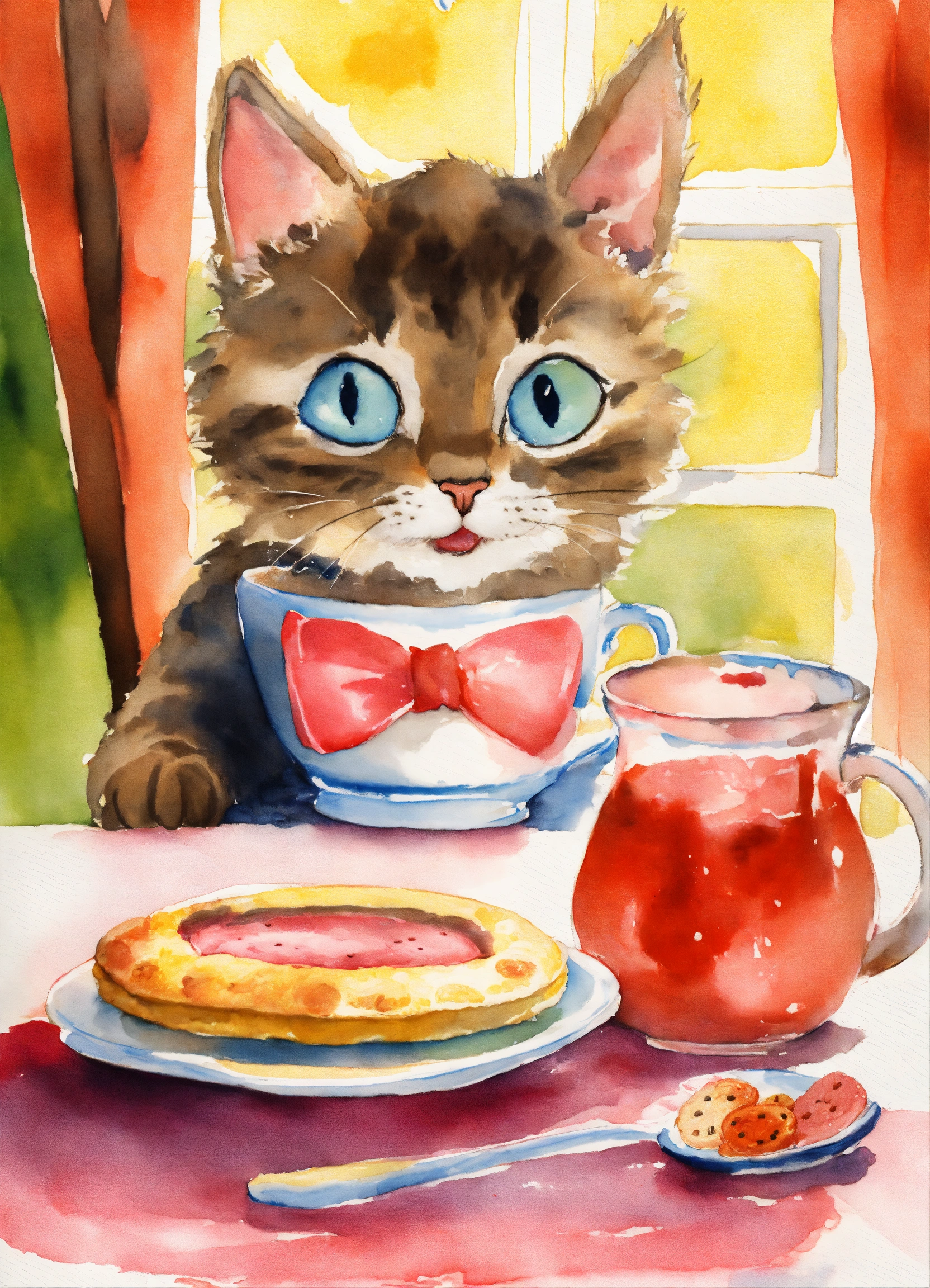 Lexica - Happy cat eating jammy dodger at a tea party , water-colour
