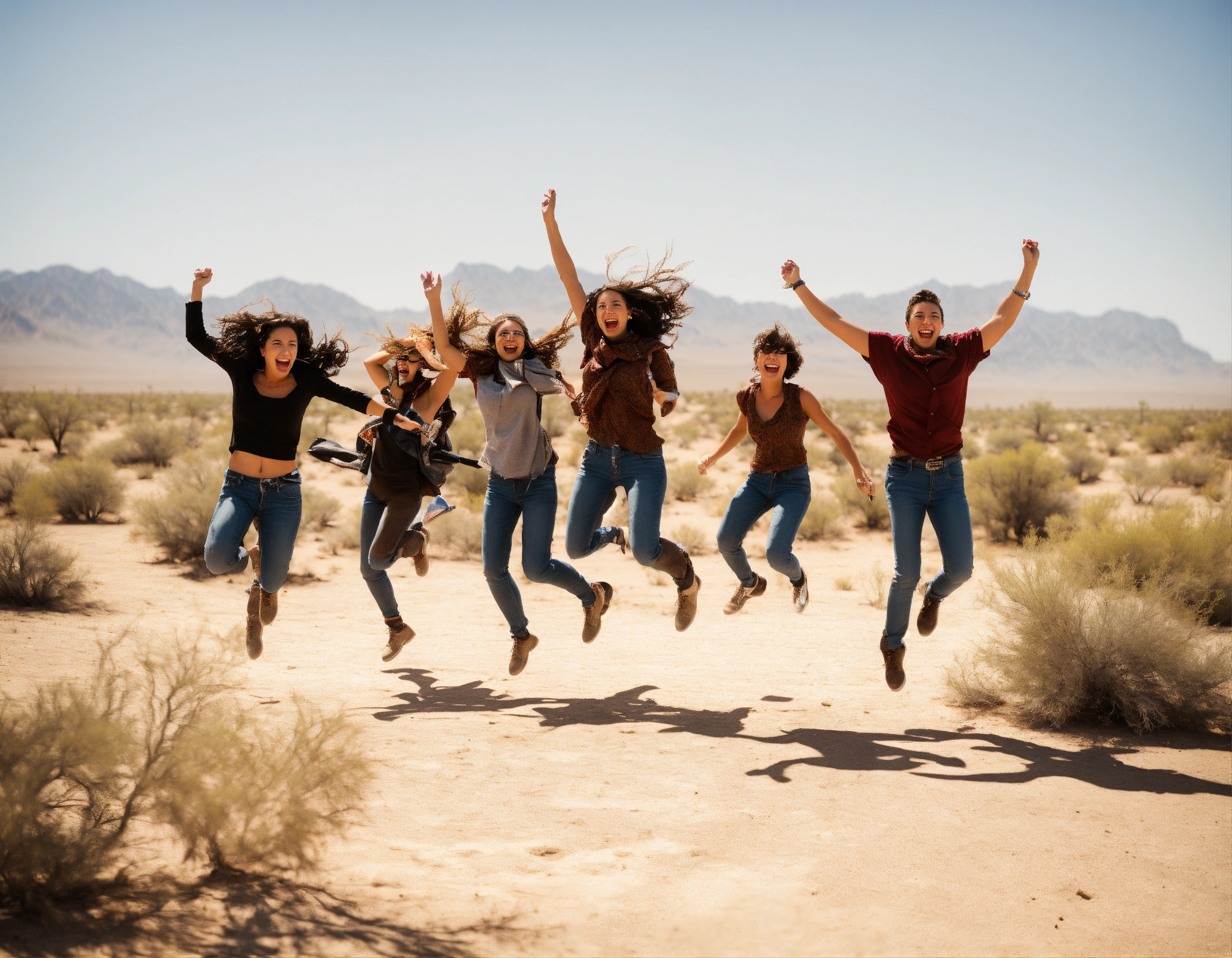 Lexica - Excited crowd jumping in the desert air.