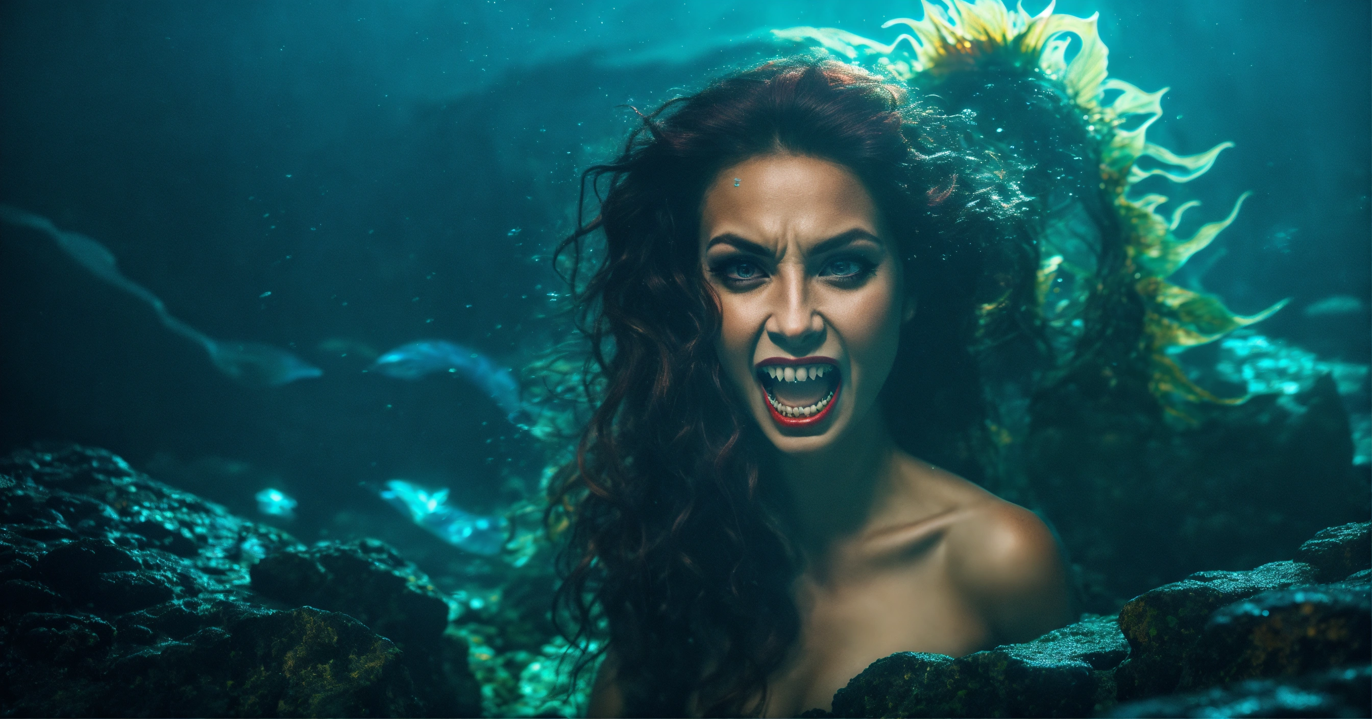 Lexica - Create a 4k detailed photo of an evil mermaids snarling at ...