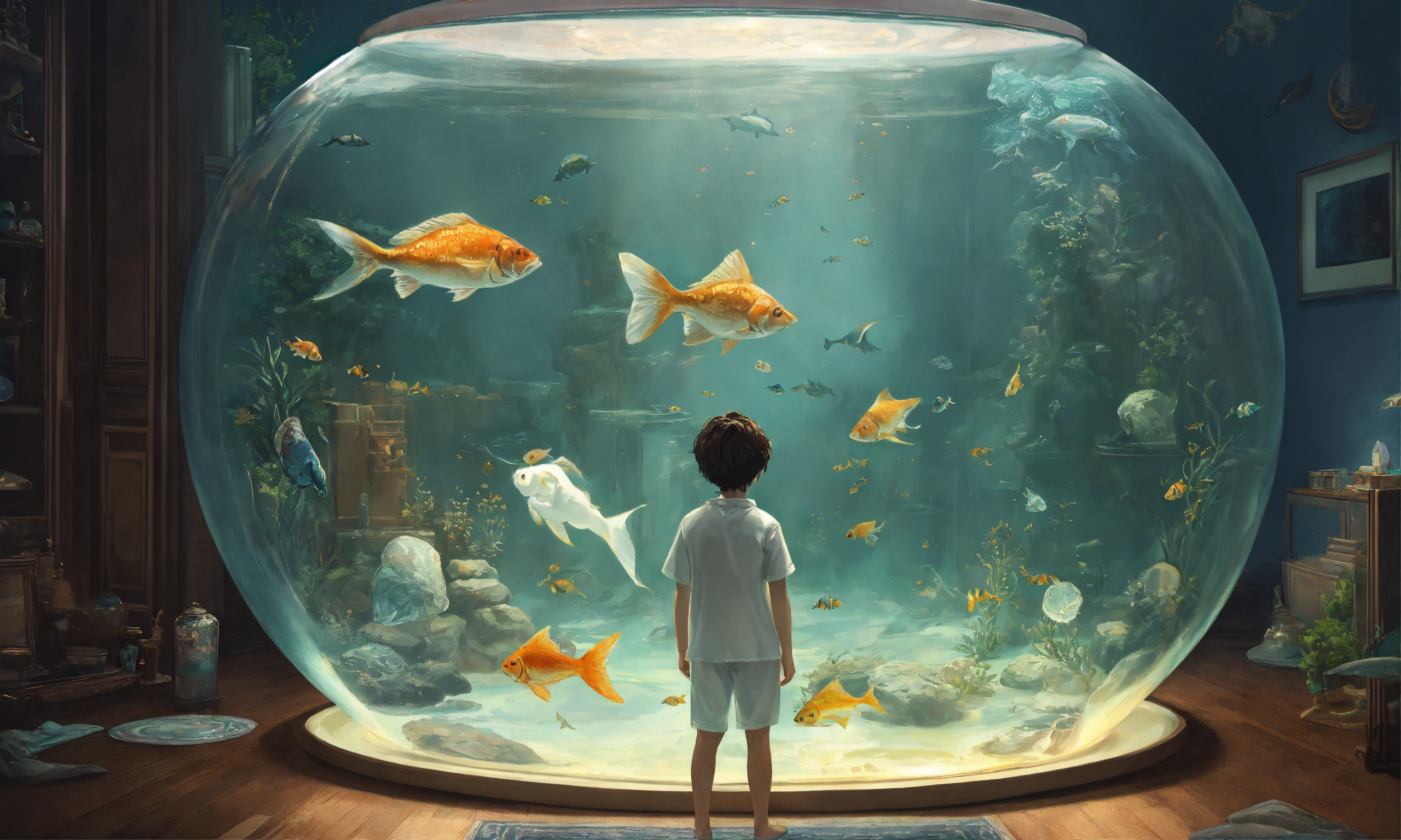 Lexica - A pale brune boy in white pijamas floating inside a giant ...