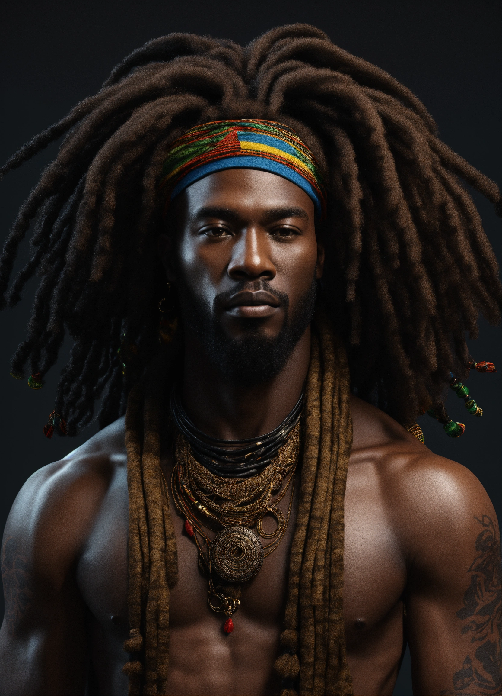 Lexica - 3d render of a Black man with long flowing dreadlocks, 6'5" tall, well-built, full body ...