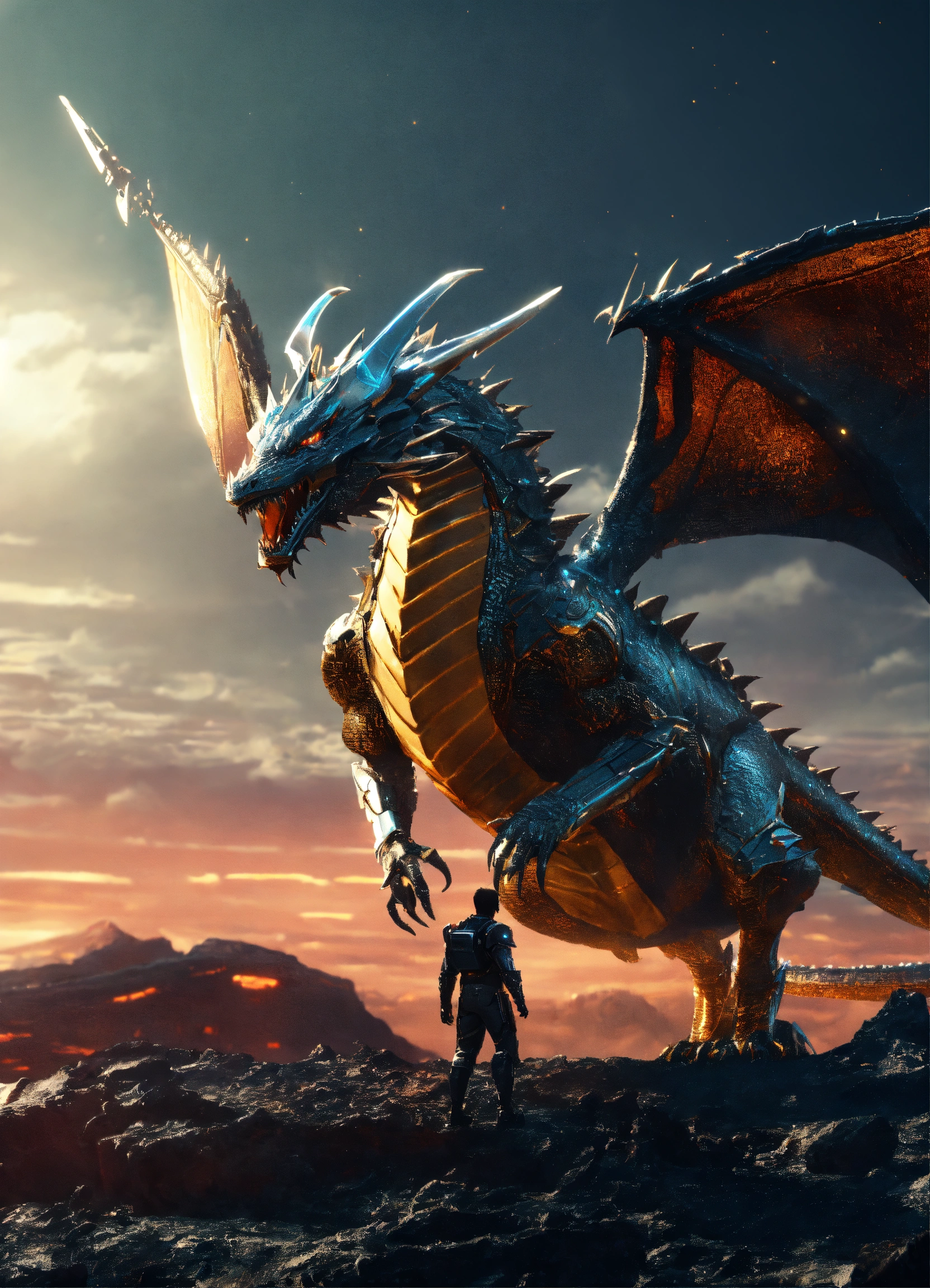 Lexica - Sci-fi back and chrome dragon standing on a highly advance ...