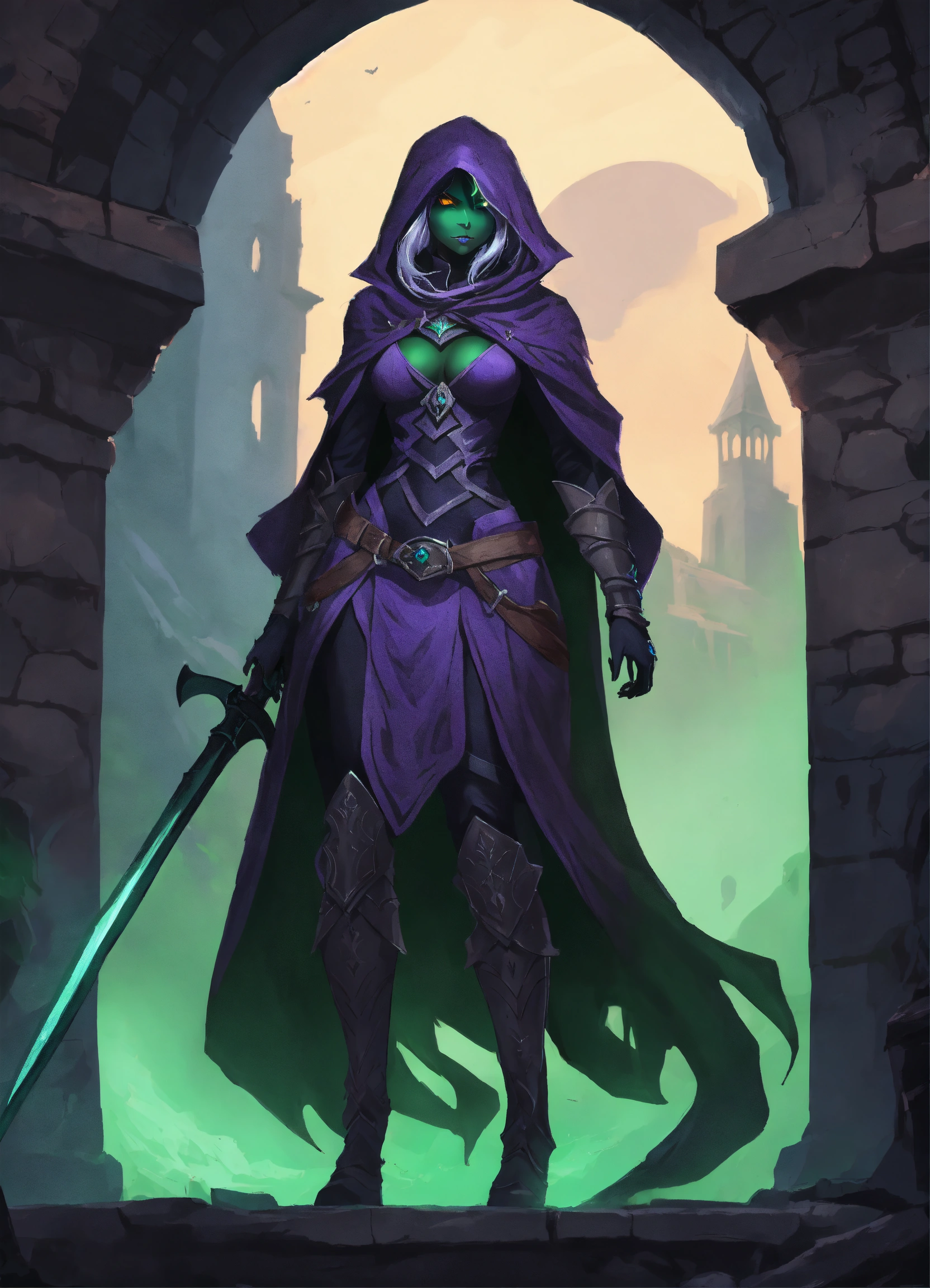 Lexica - Shadow dark female drow, green glowing eyes, with dark purple ...