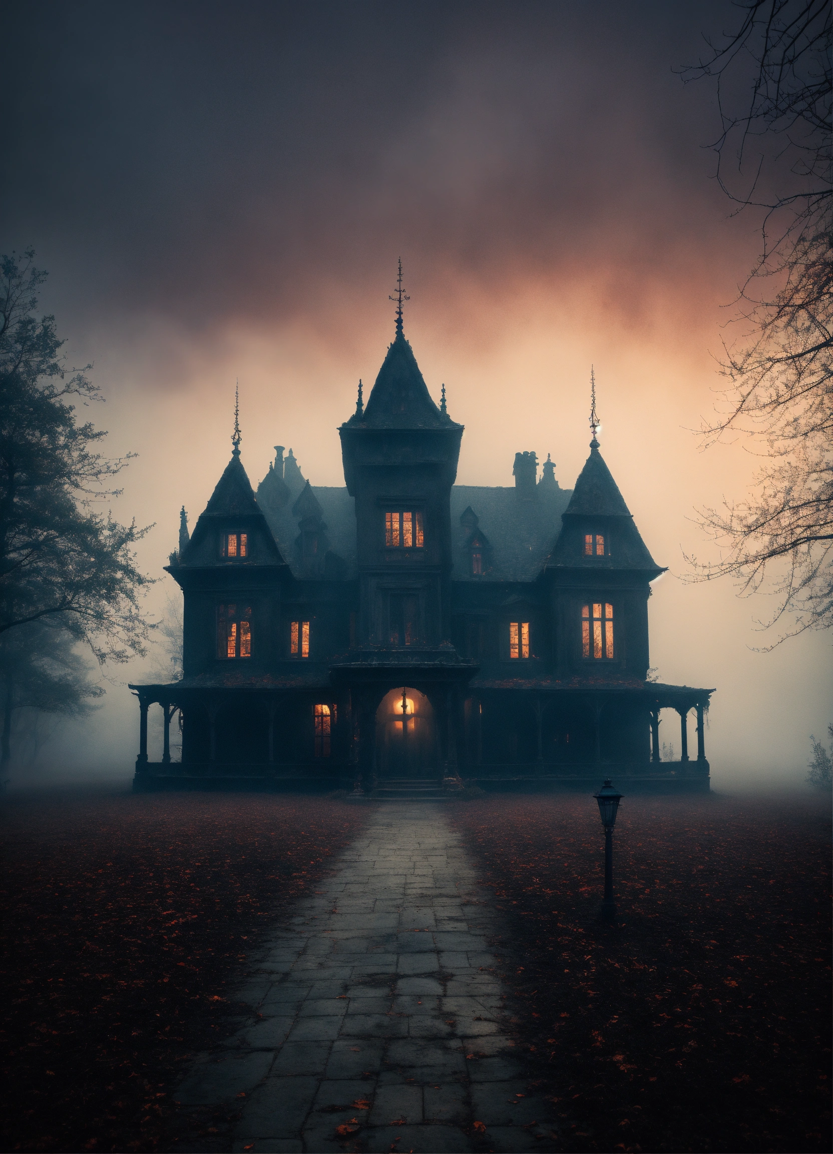 Lexica - An Image of a dark manor set in a setting of fog and evil ...