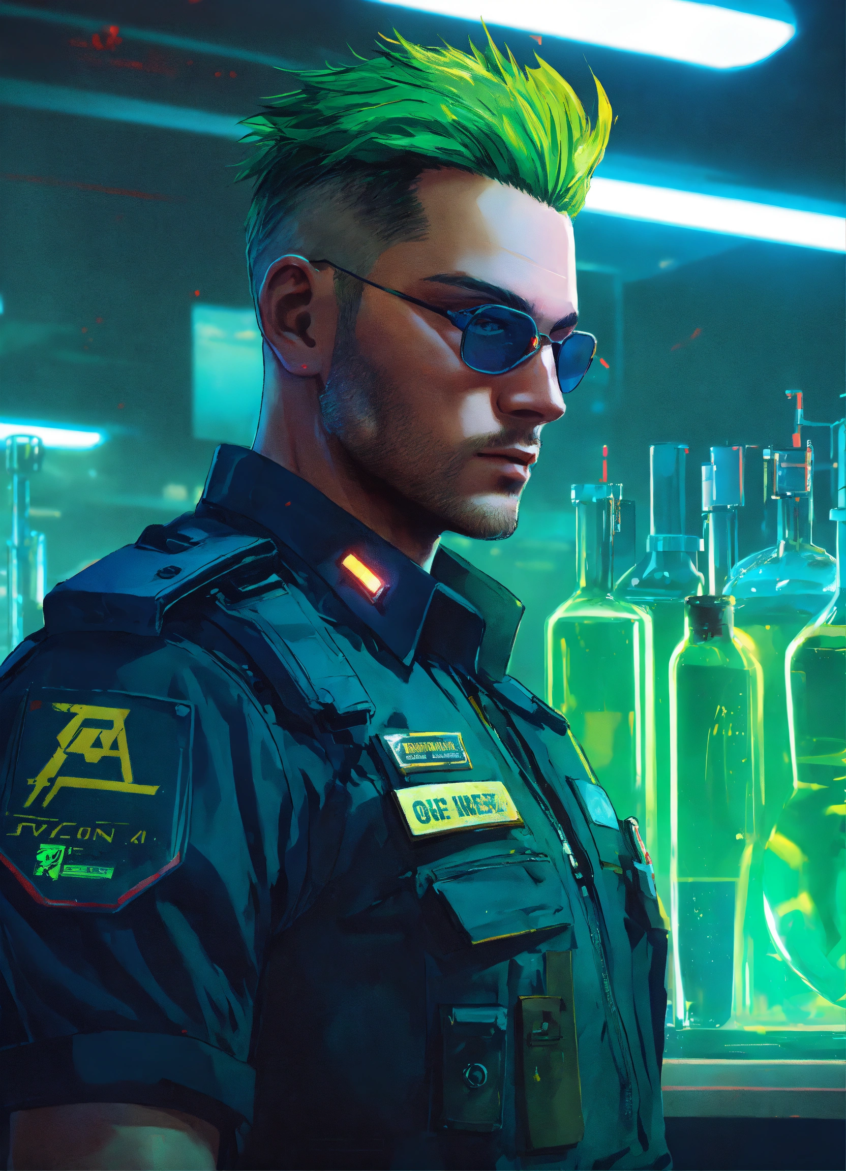Lexica - Male university cop with green hair in dark blue uniform in a ...