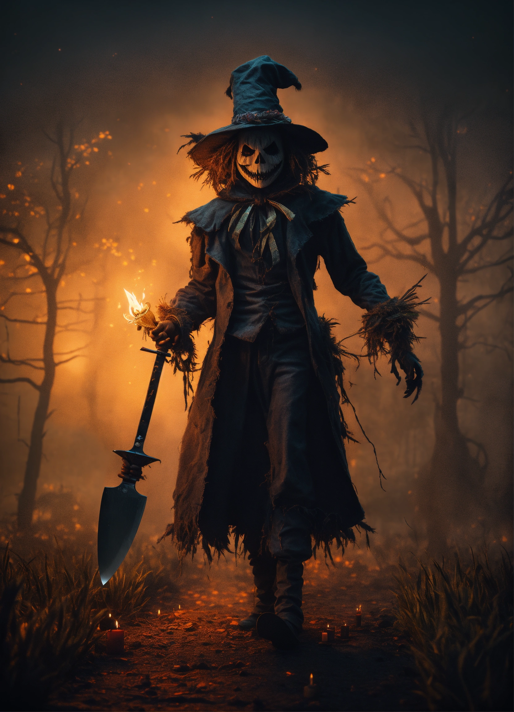 Lexica - A very scary scarecrow holding a large knife, Halloween, night ...