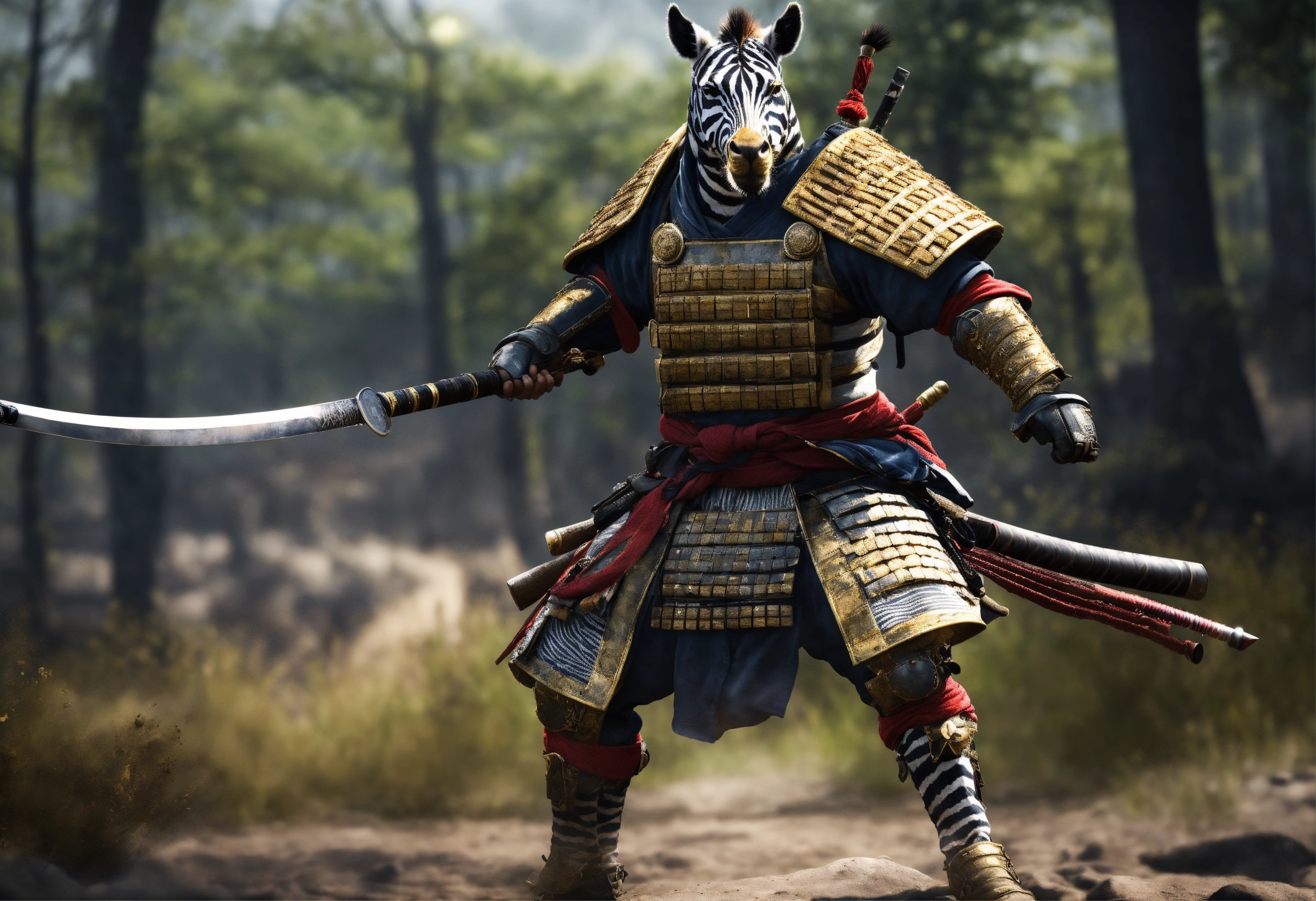 Lexica - Zebra samurai with arms. battlefield. hyper realistic.