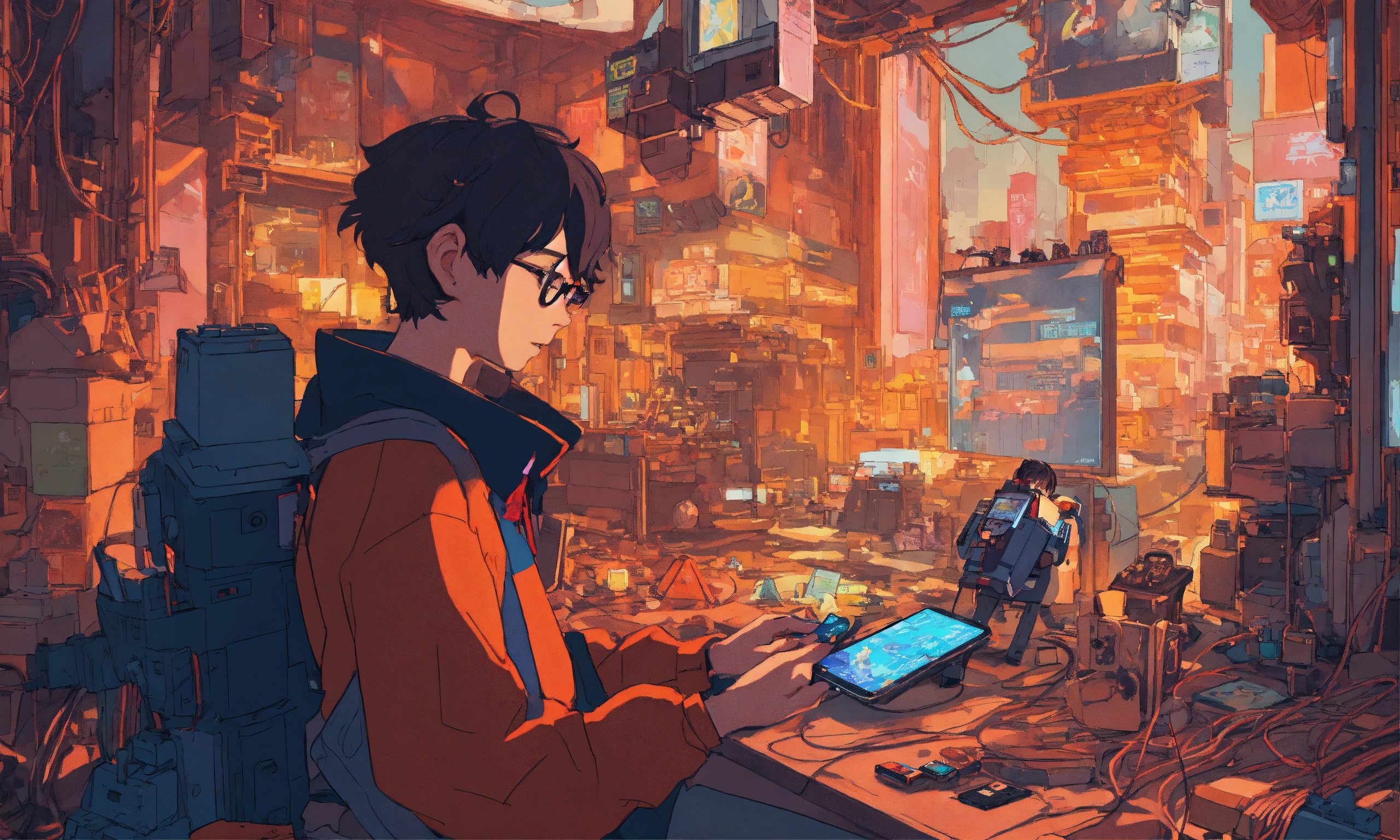 Lexica - Photo of a character playing mobile game on phone, robot city ...