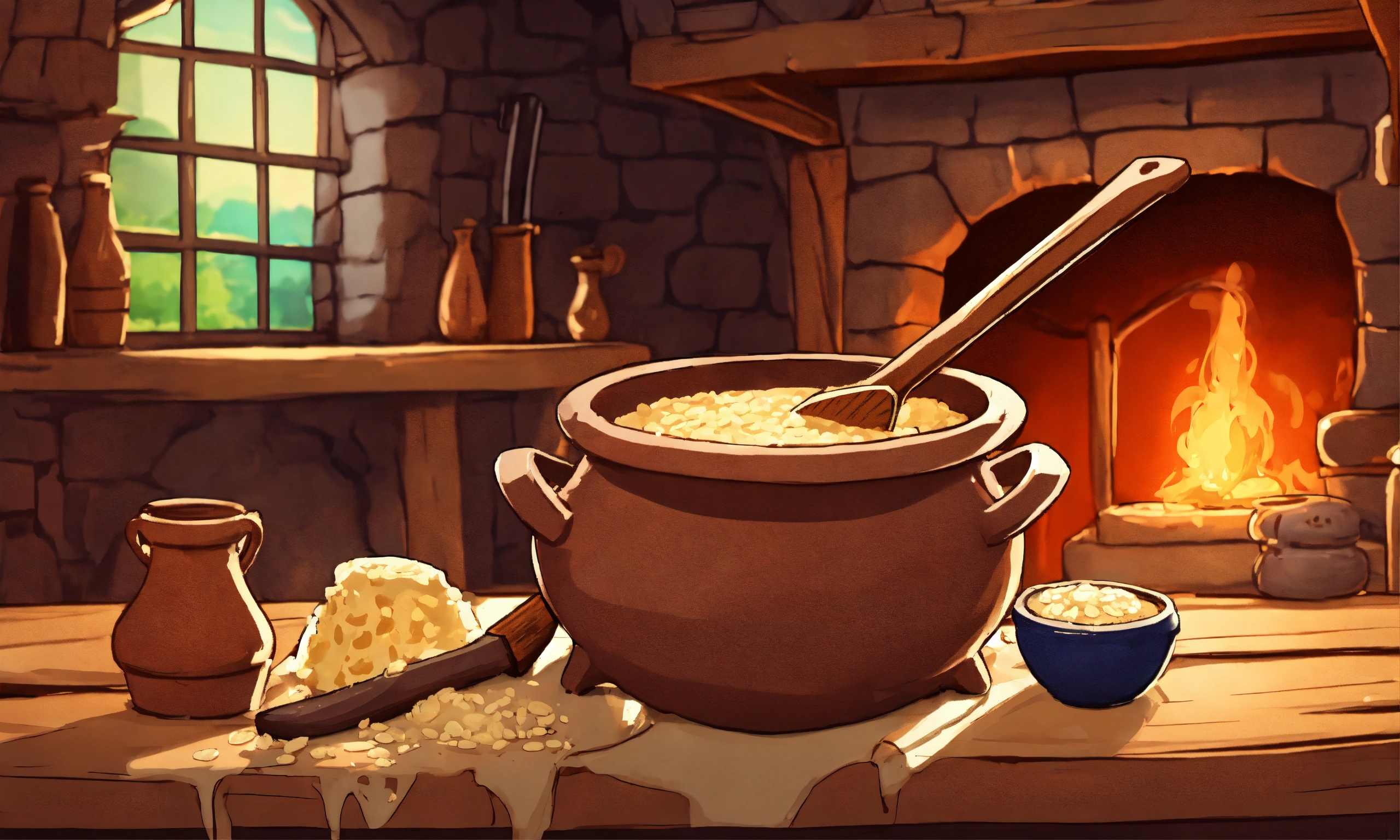 Lexica - Cartoon style an ax and delicious porridge in a clay medieval ...