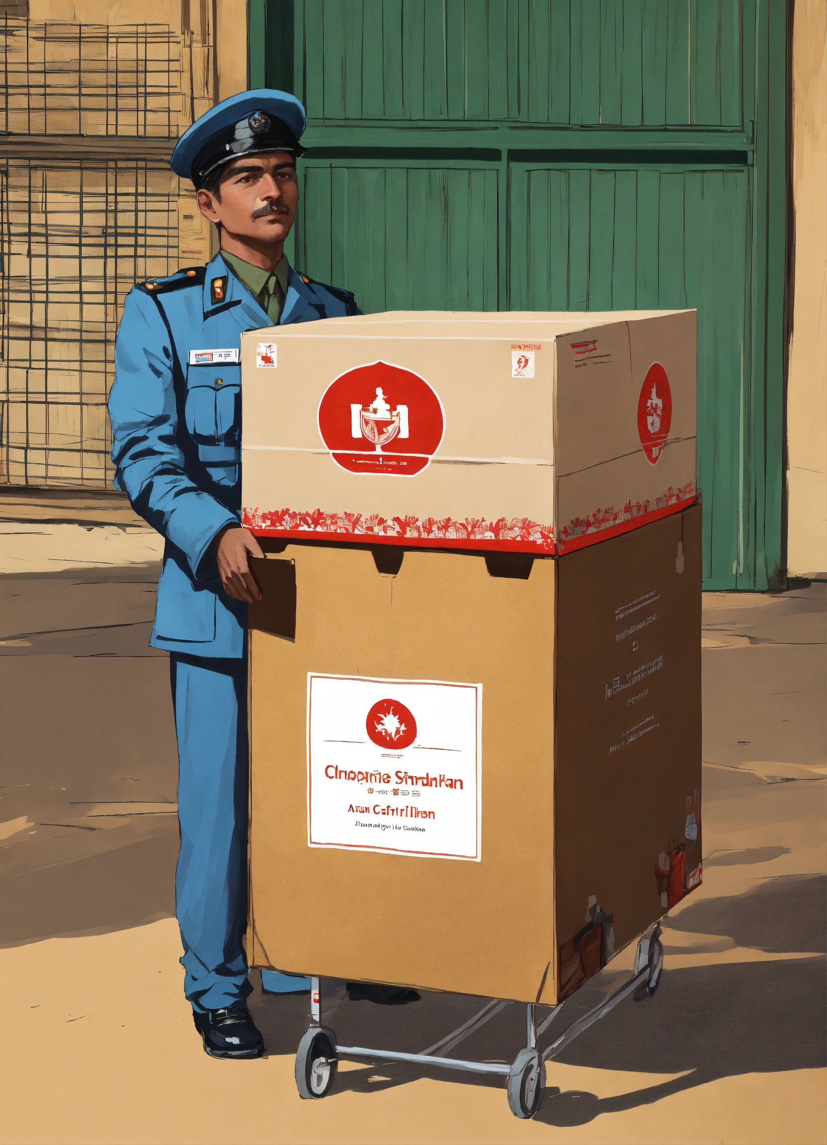 Lexica - "A dignified official stands presenting a humanitarian aid box ...