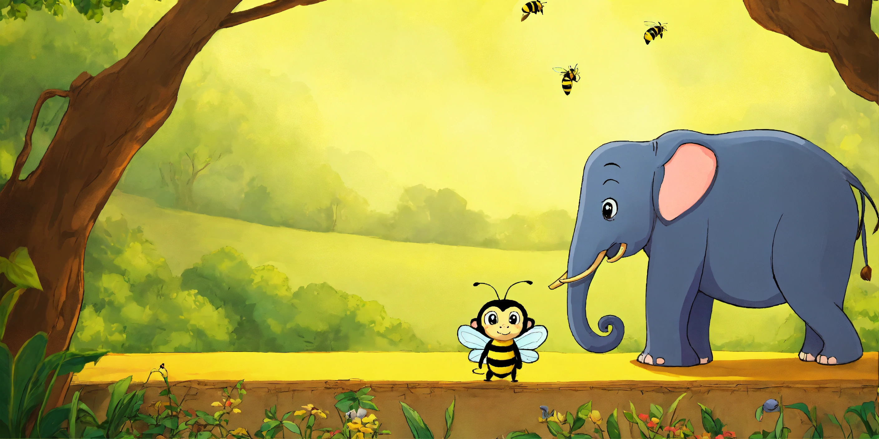 Lexica - Bee watching small monkey and elephant cartoon