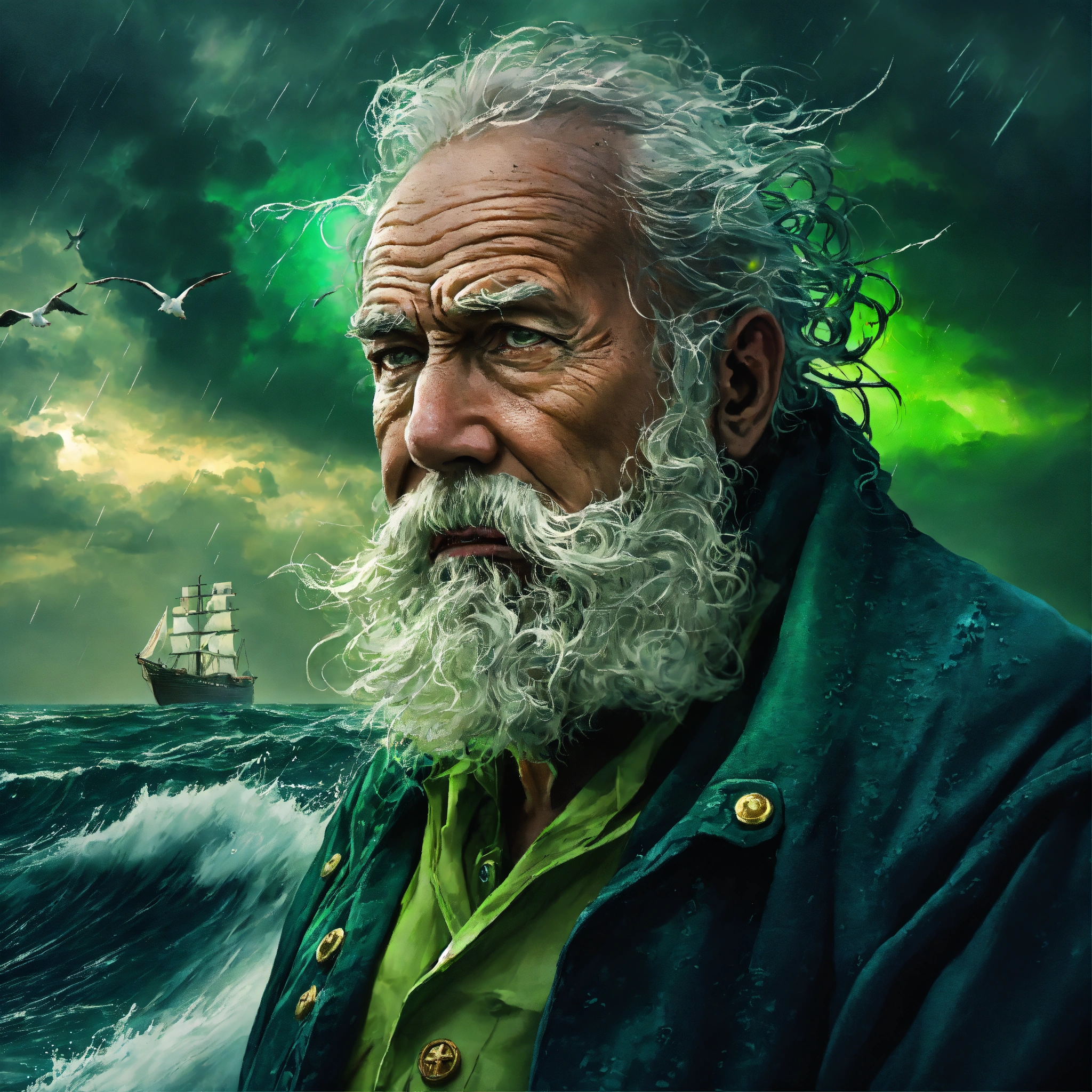 Lexica - Determined old sea captain, weathered face, steering his ship ...