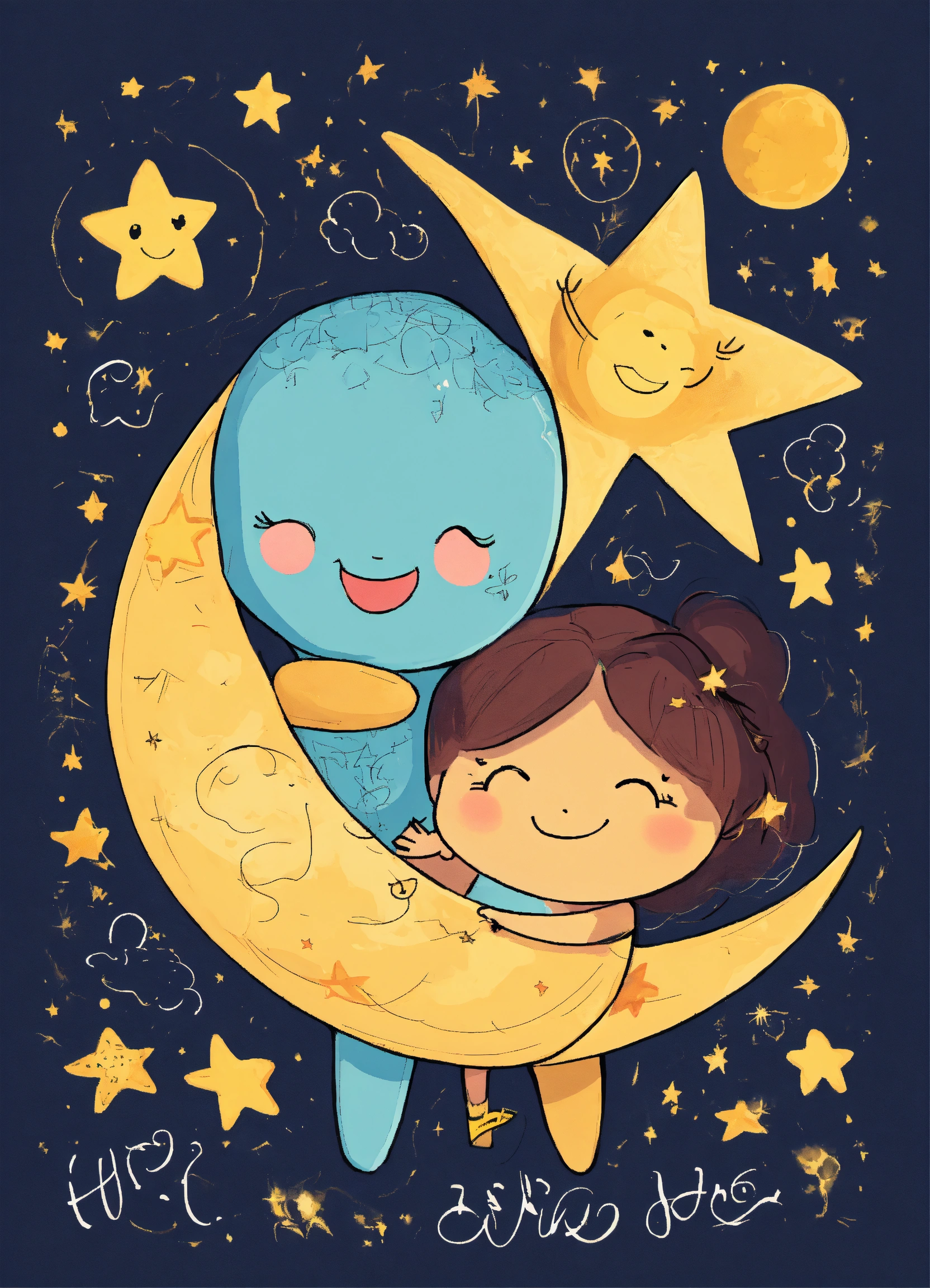 Lexica - A cute drew a star, hug a moon and sun