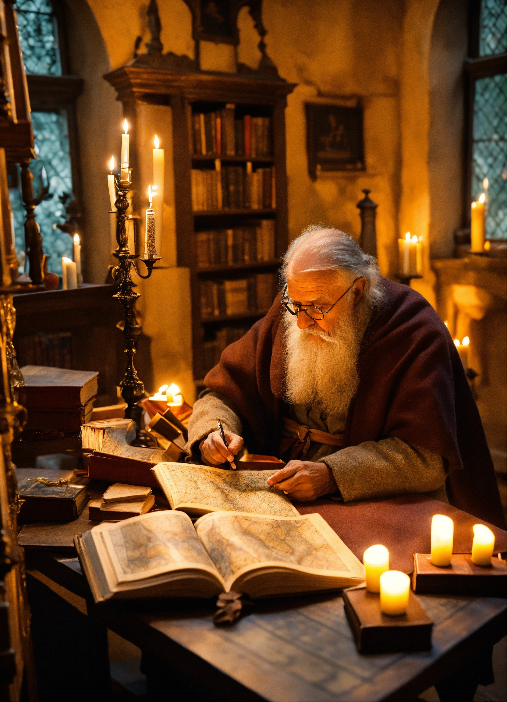 Lexica - A small, cozy medieval library, with books and maps laid out ...