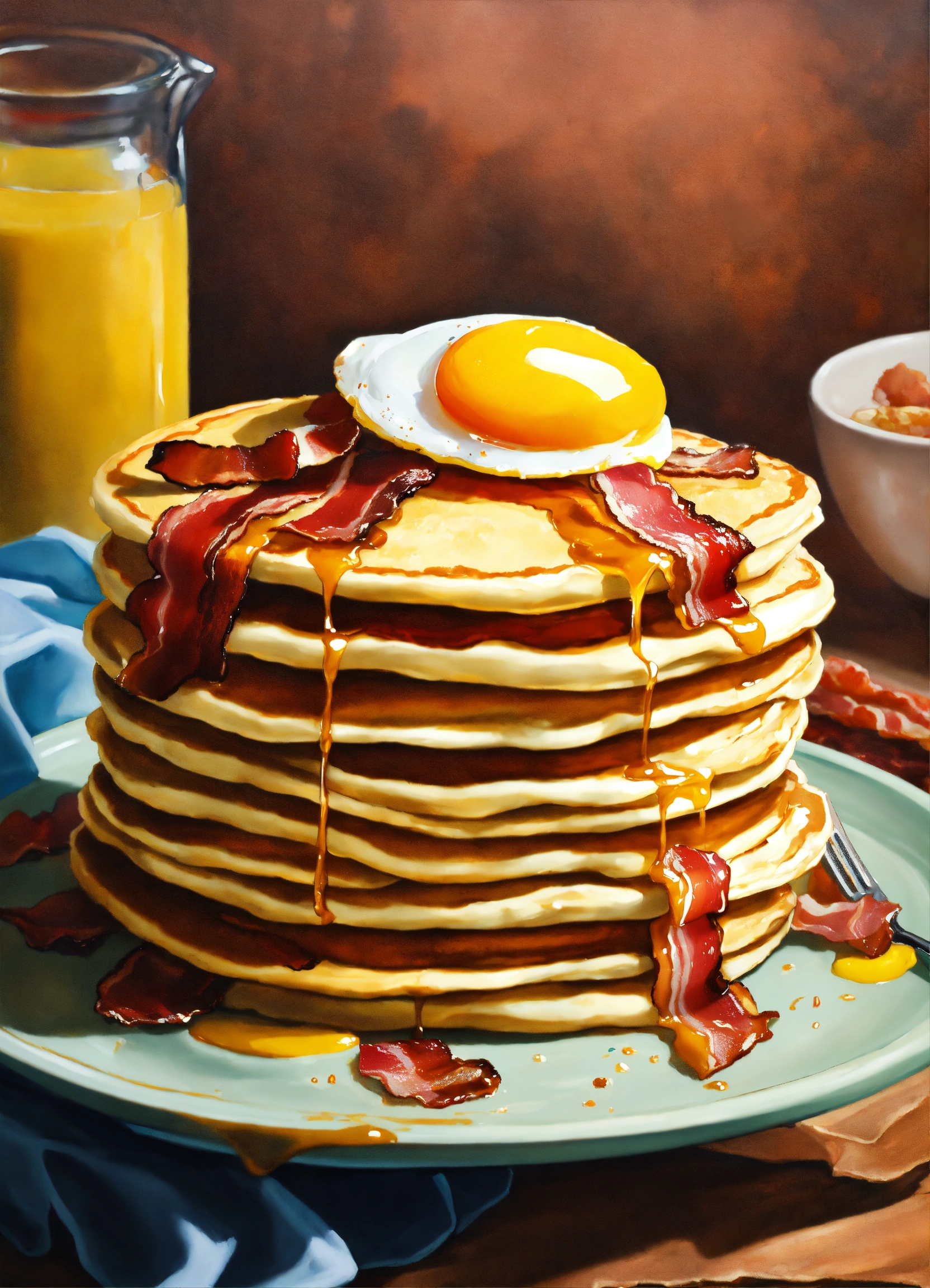 Lexica - A realistic painting of a stack of pancakes, bacon, eggs with ...