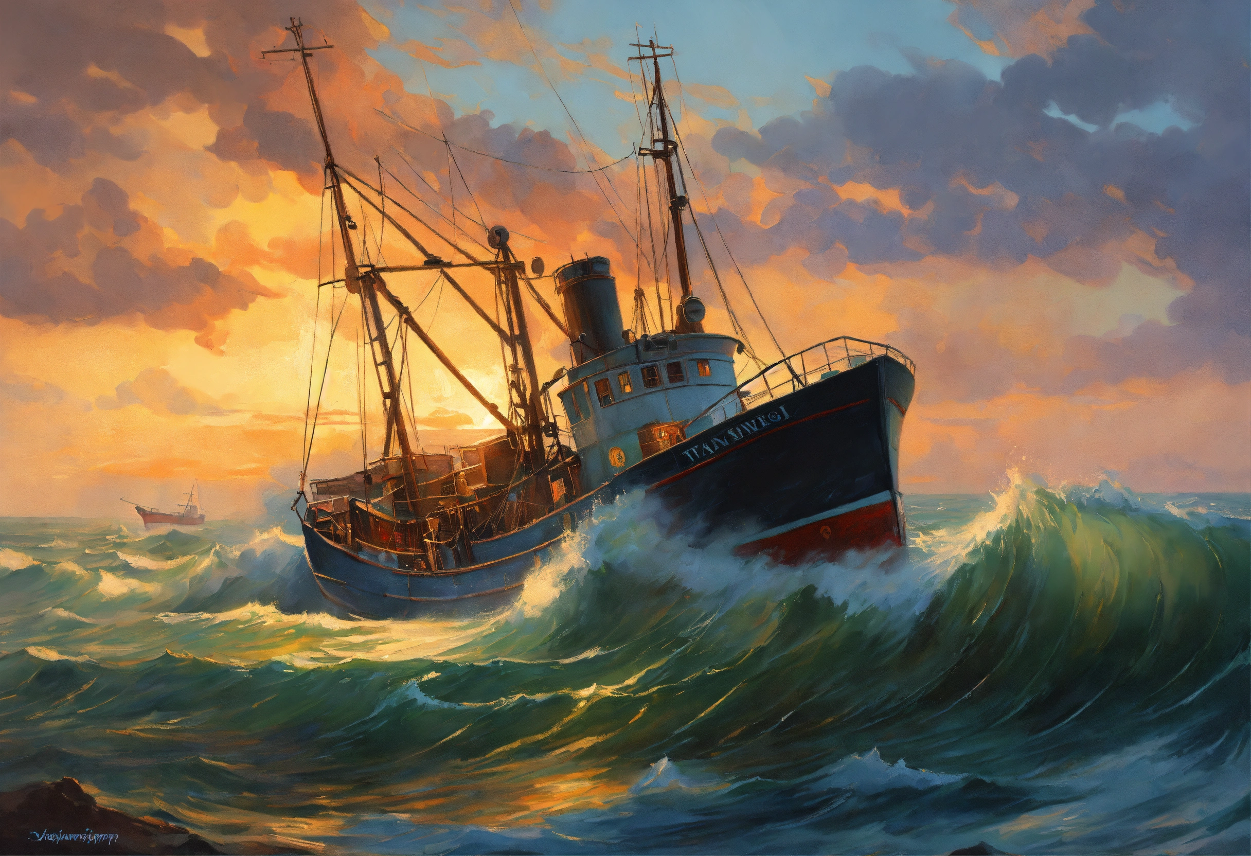 Lexica - Create a painting of a steam fishing trawler on a stormy ocean ...
