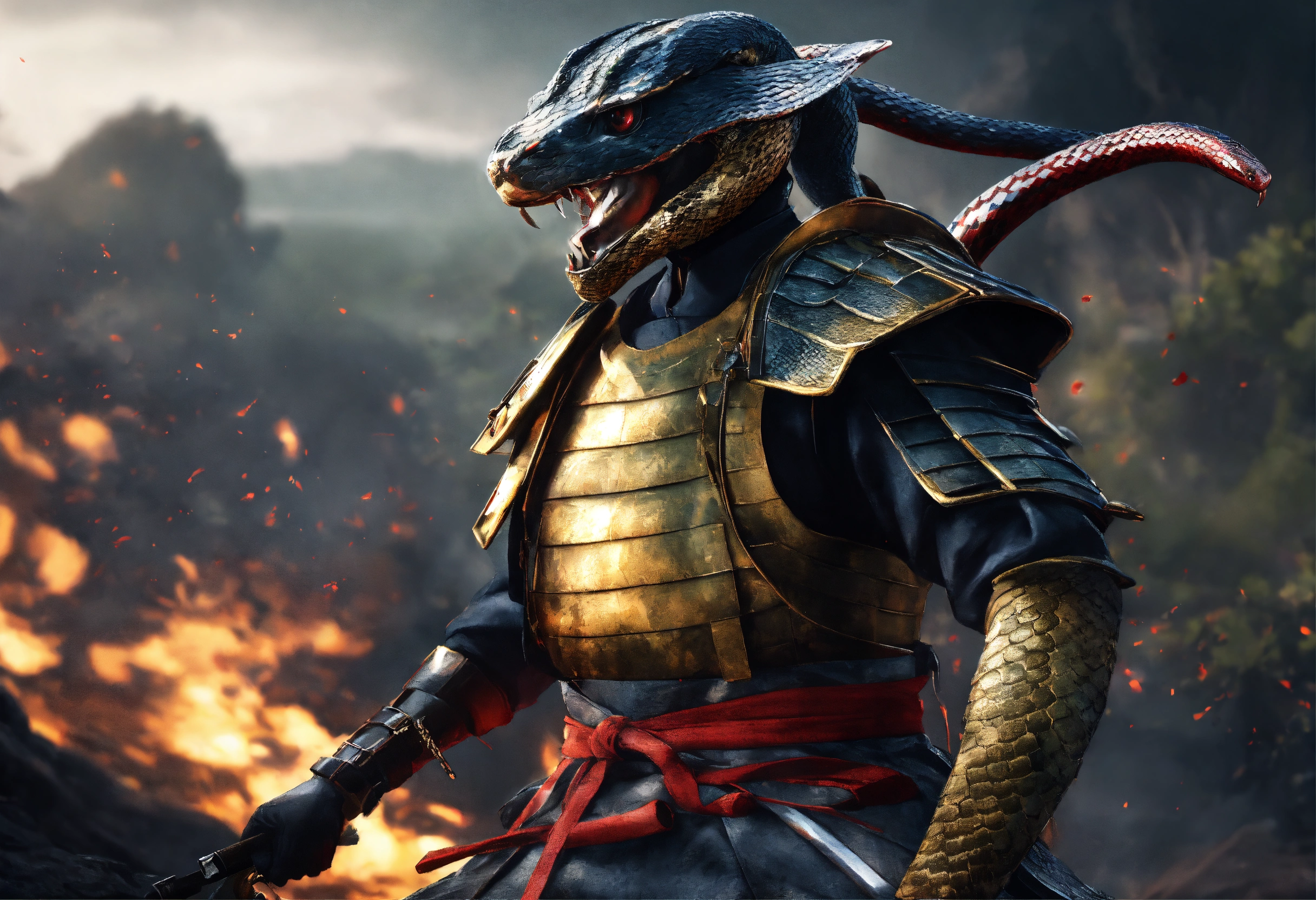 Lexica - Snake Samurai. Battlefield. Hyper realistic.