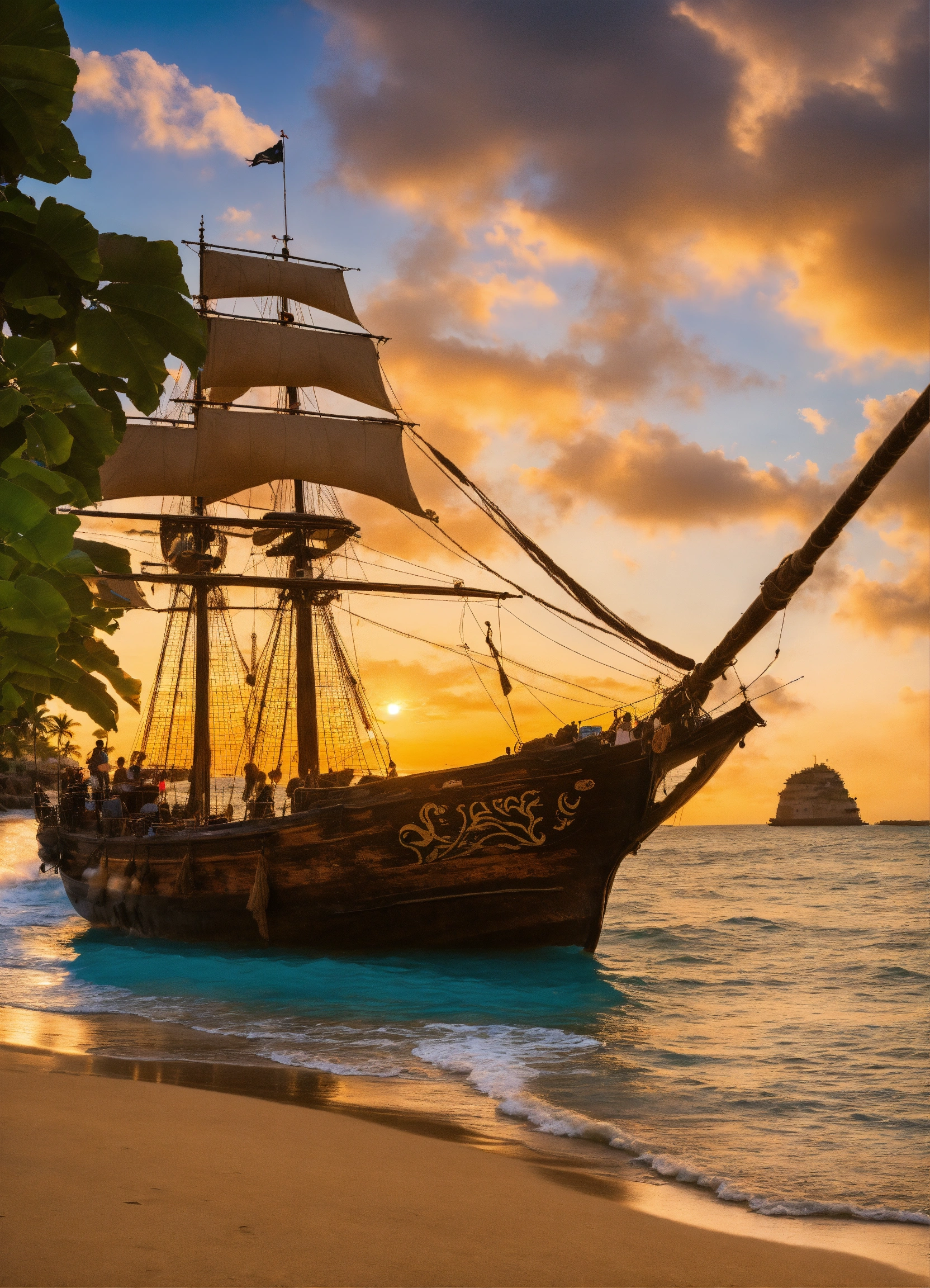 Lexica - Atardecer en una playa tropical con un barco pirata y botes ...