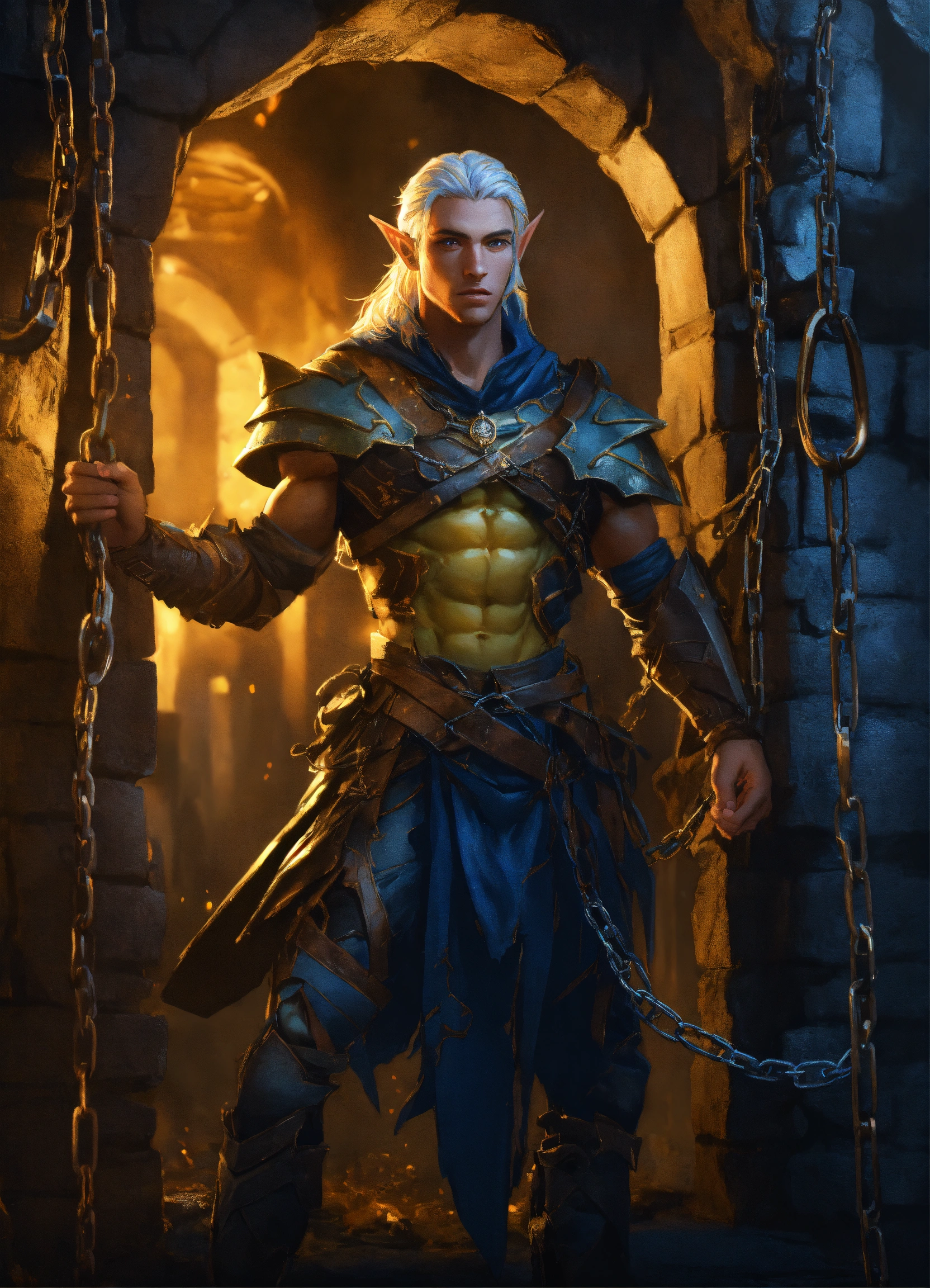 Lexica - Full body strong handsome god elf chained by enemies chained ...