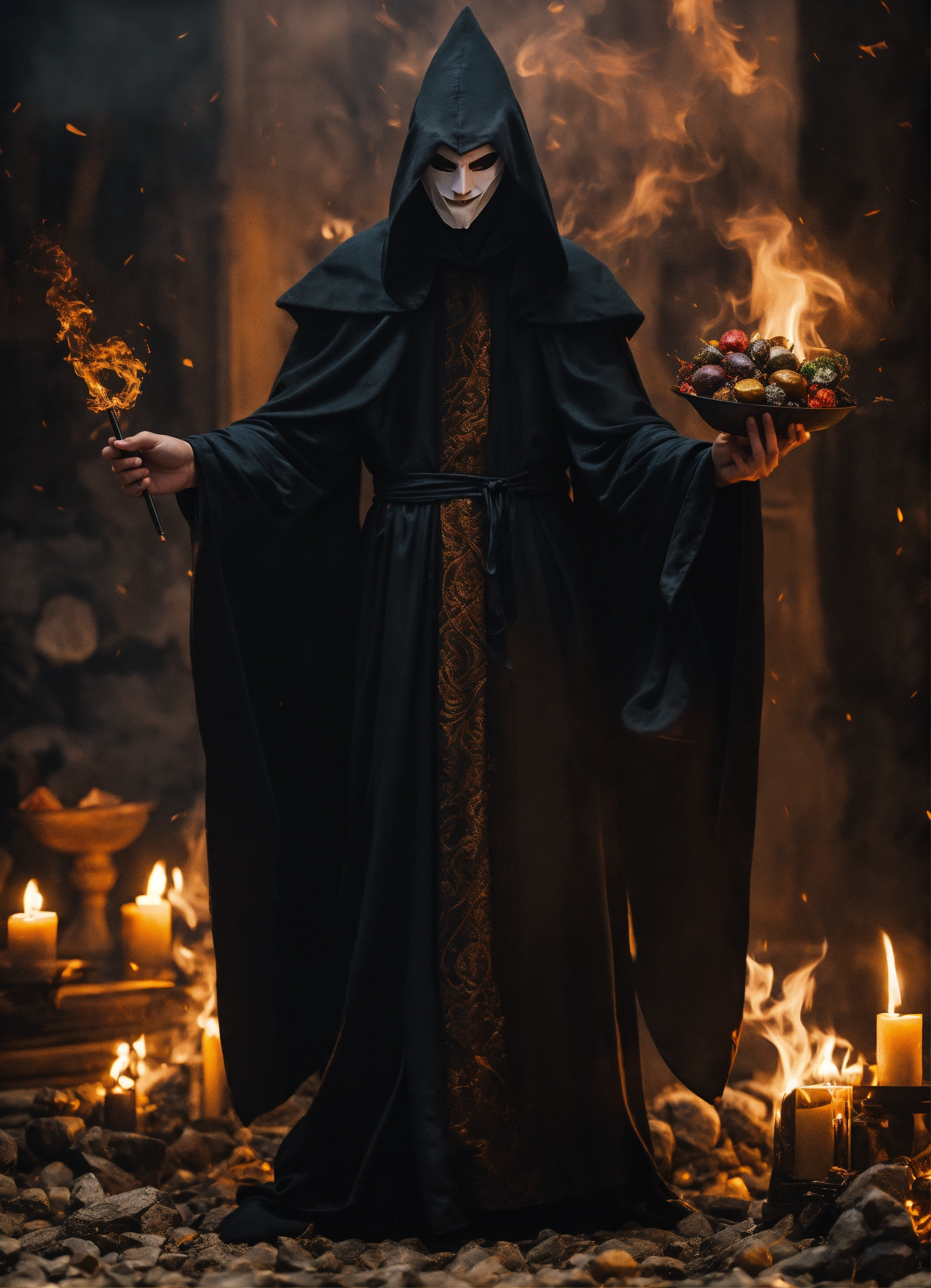 Lexica - White masked man wearing black robes, evil wizard