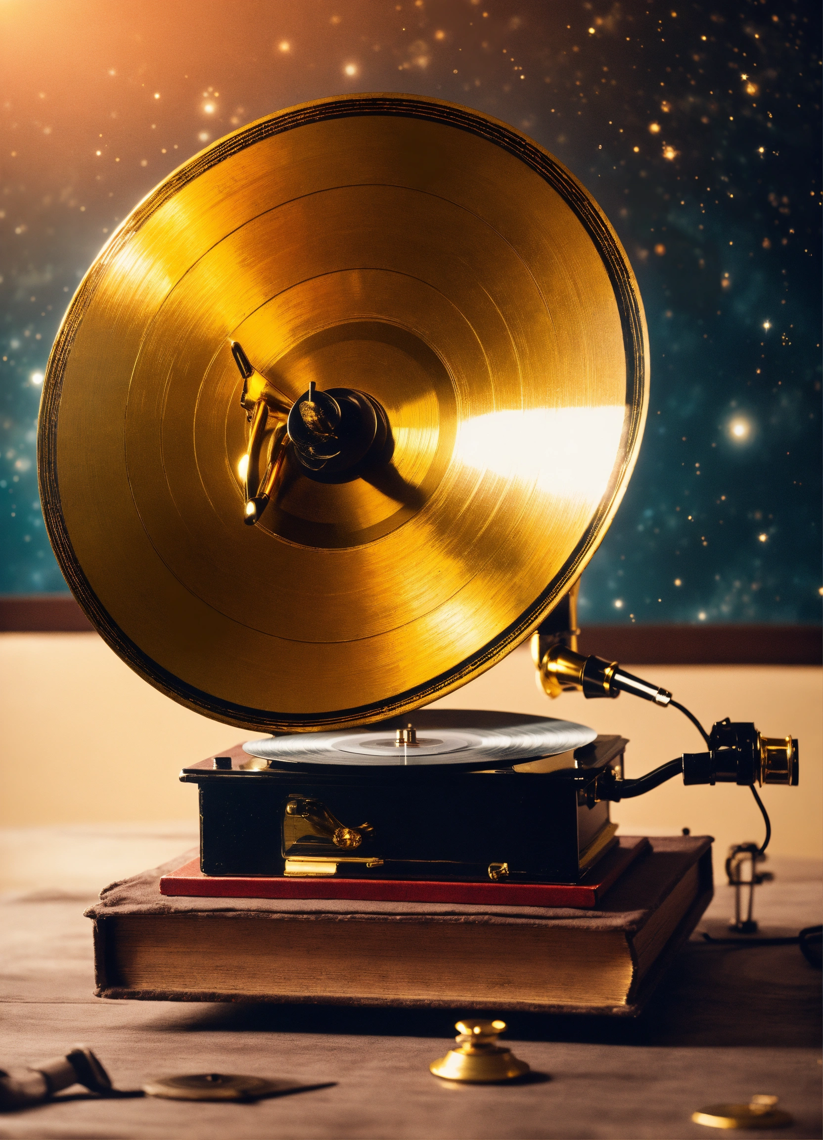 Lexica - Gold vinyl record on old gramophone, floating in space, book ...