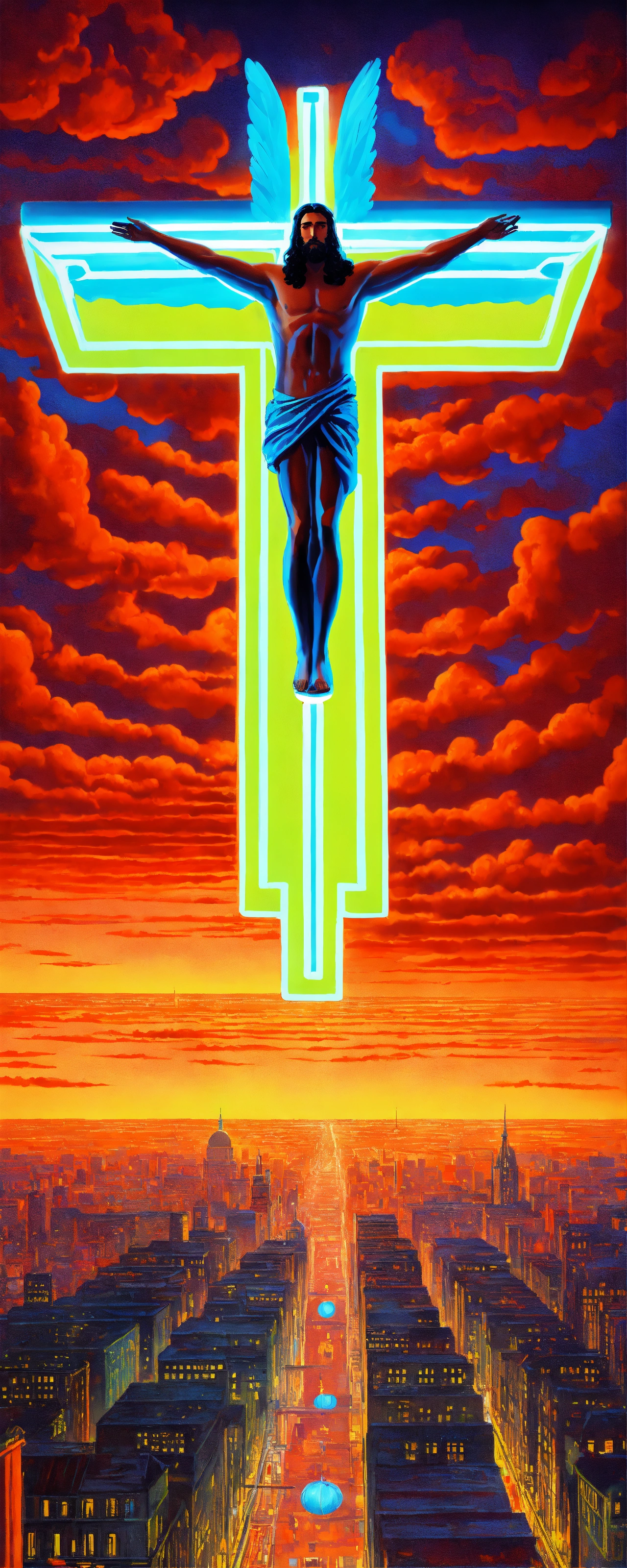 Lexica - Ultra-detailed illustration of "A huge flying iron-Jesus" in a ...