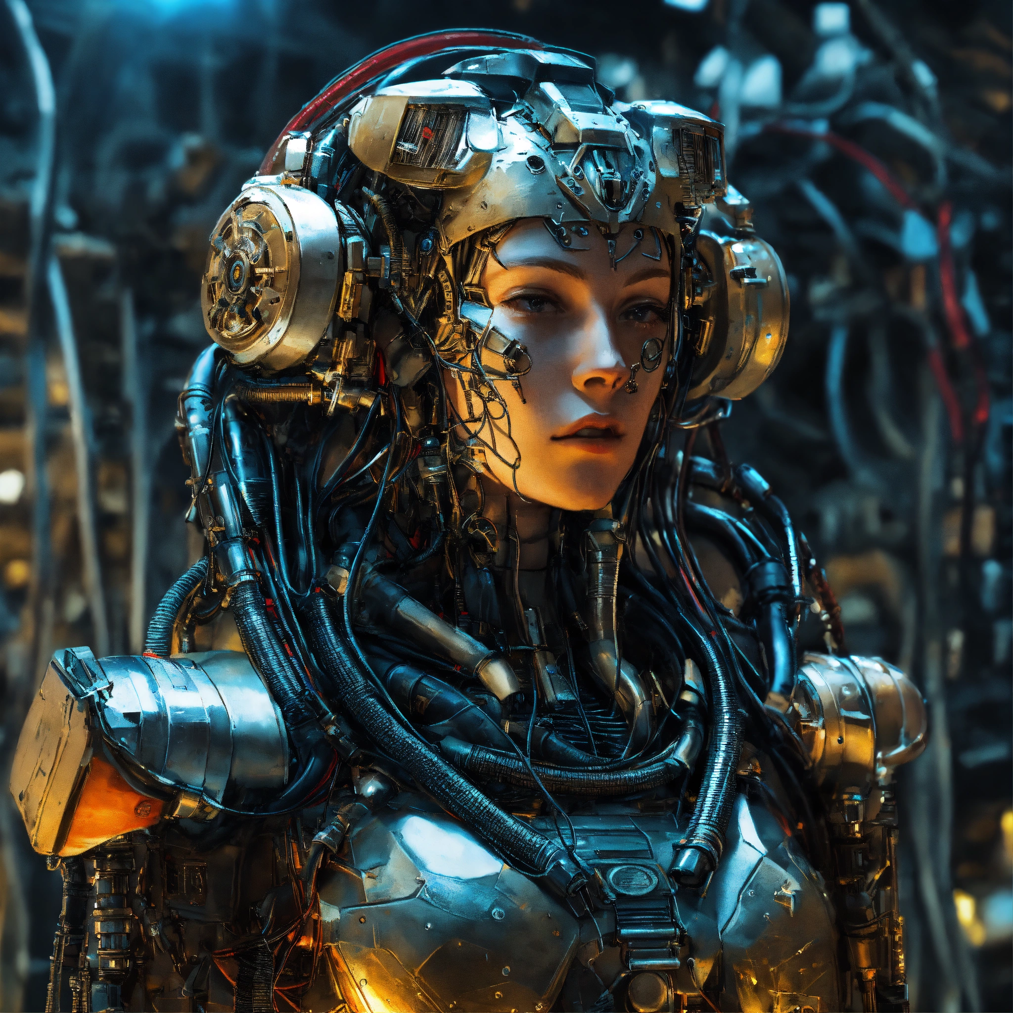 Lexica - Cybernetic mechanical warrior with many hoses and cables.