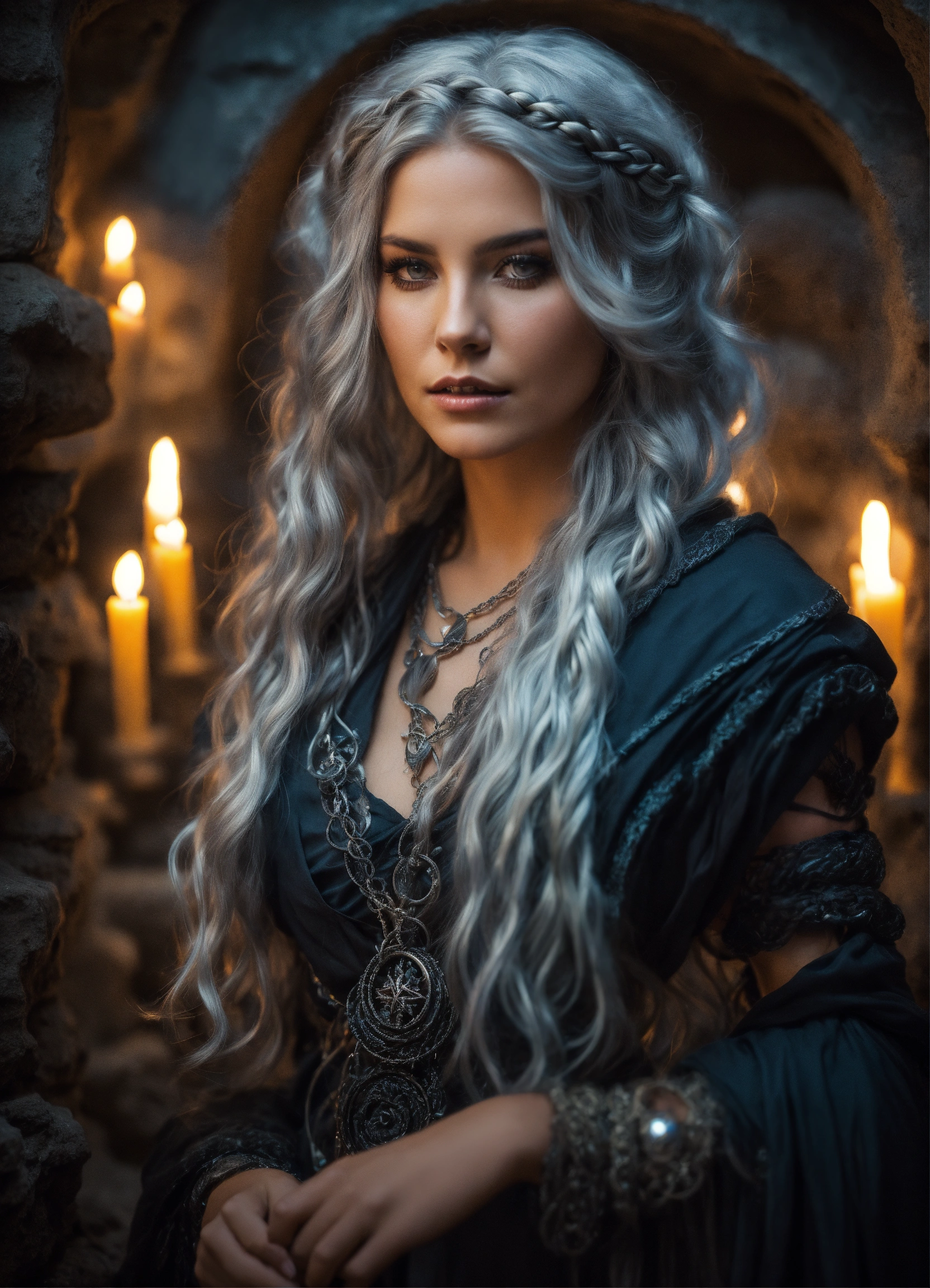 Lexica - Dark sorceress with wavy, silver-streaked braided locks ...