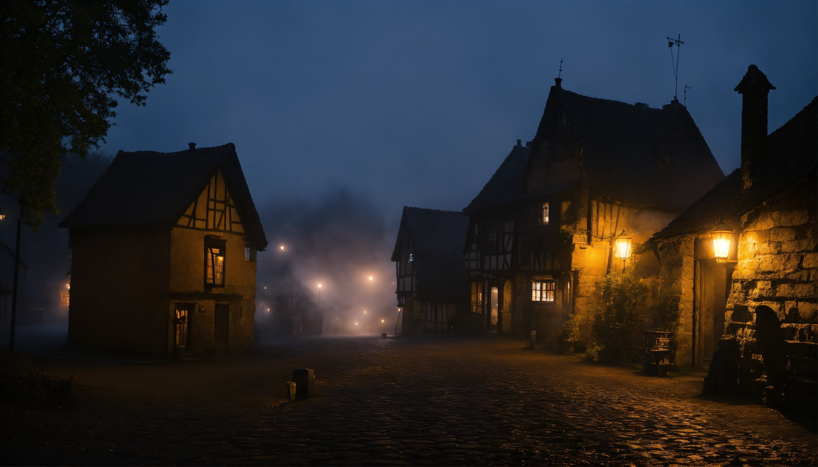 Lexica - Foggy old village, at night, gloomy, creepy