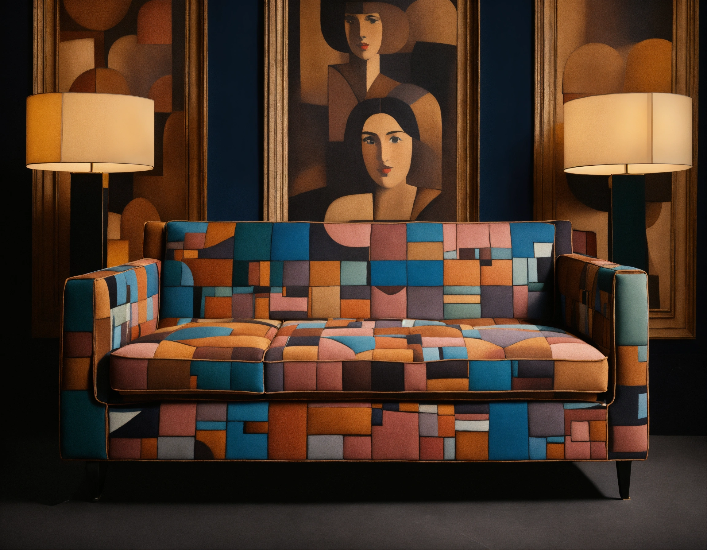 Lexica - Cubist sofa in René Magritte design on black background