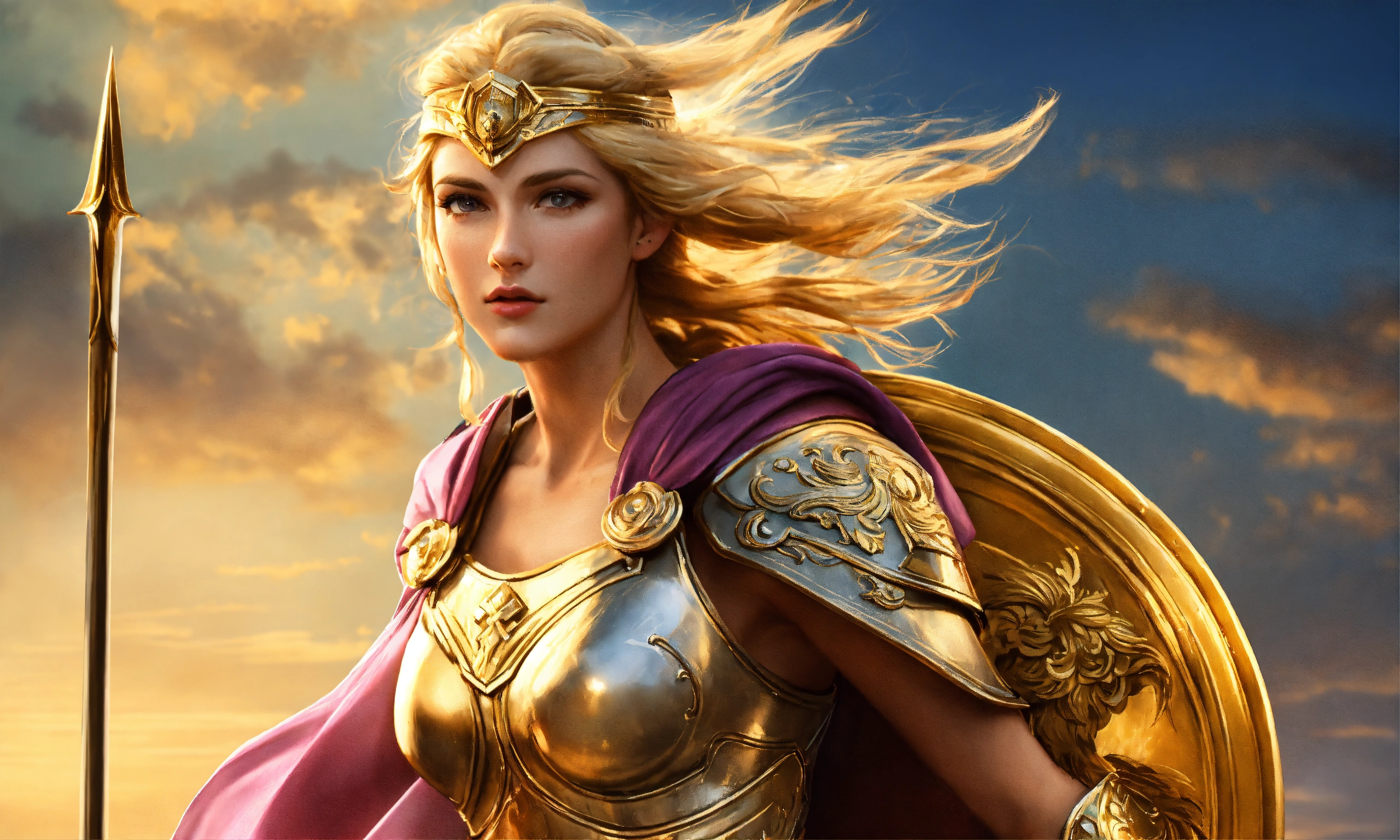 Lexica - Greek goddess Athena with blonde hair, she's wearing armor with gold trimming, she's ...