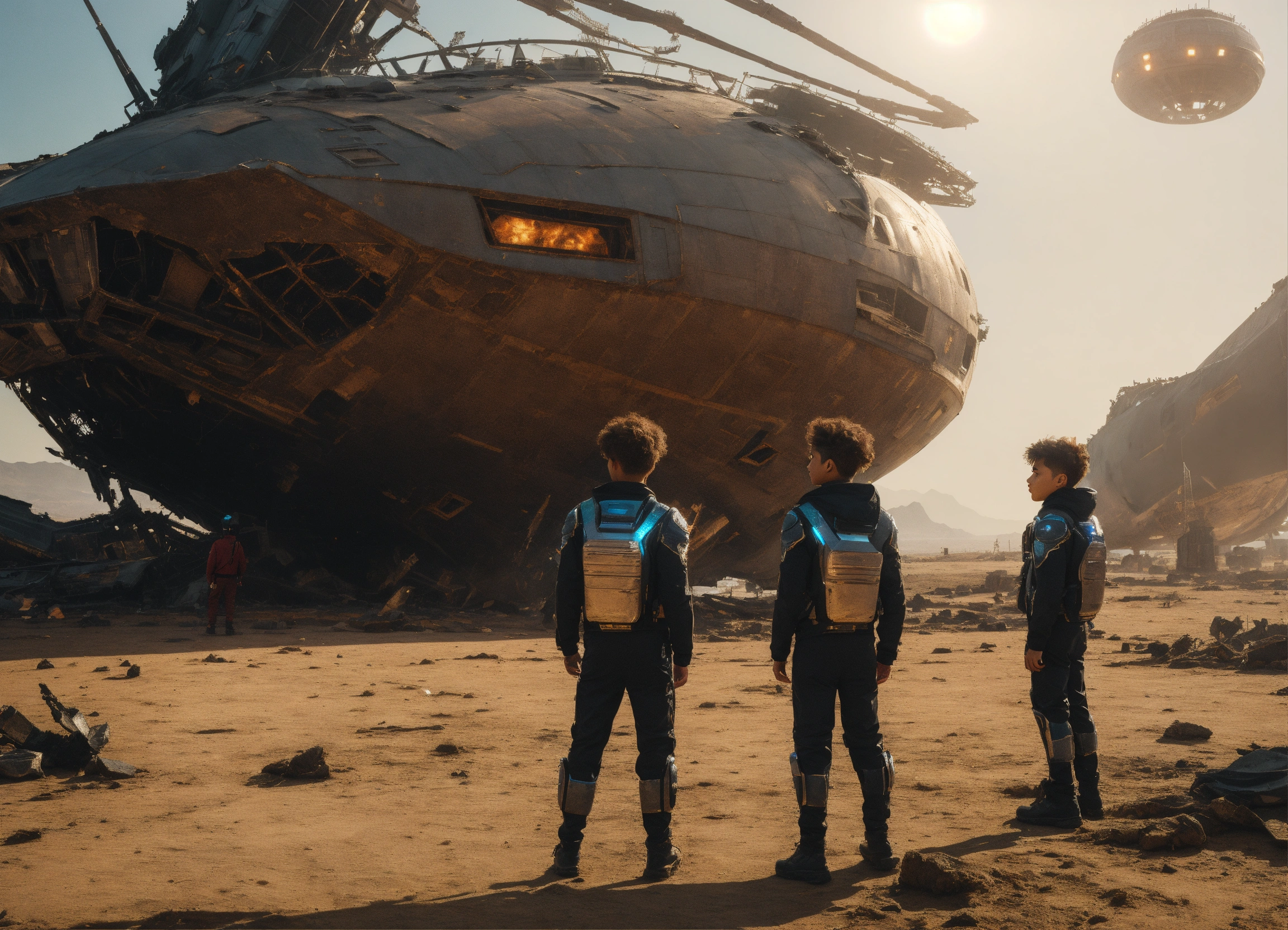 Lexica - Zoom out of a 3 boys standing outside a wrecked star ship ...