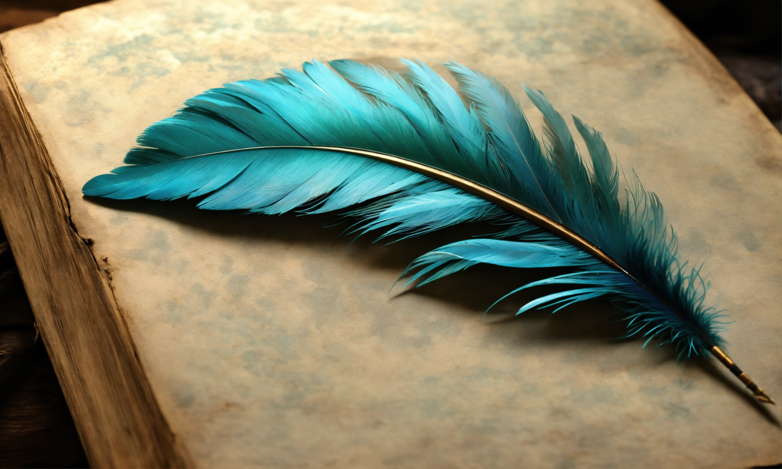 Lexica - Realistic smaller aqua feather on the left of the page with a ...