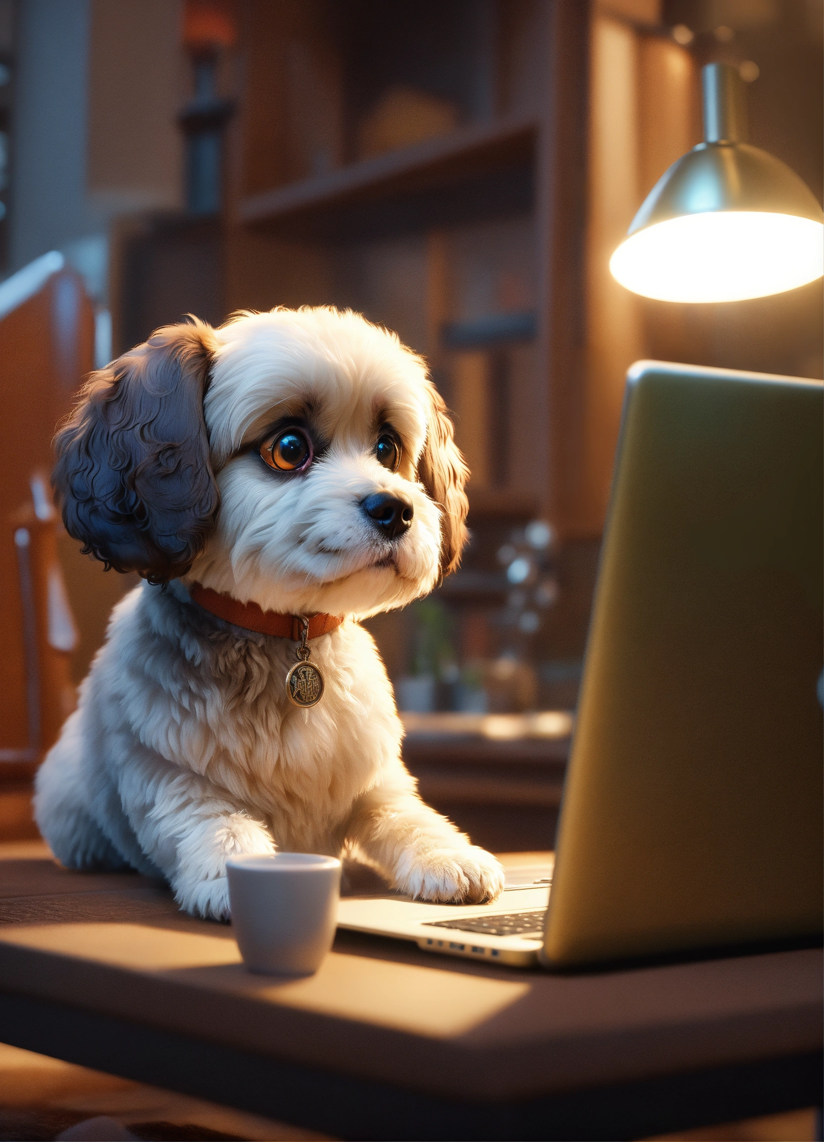 Lexica - Cute small humanoid dog sitting in front of laptop ,unreal ...