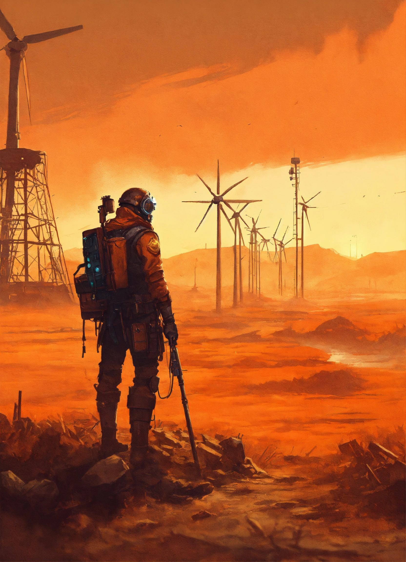 Lexica - Illustrate a lone explorer amidst rusted windmills on an ...